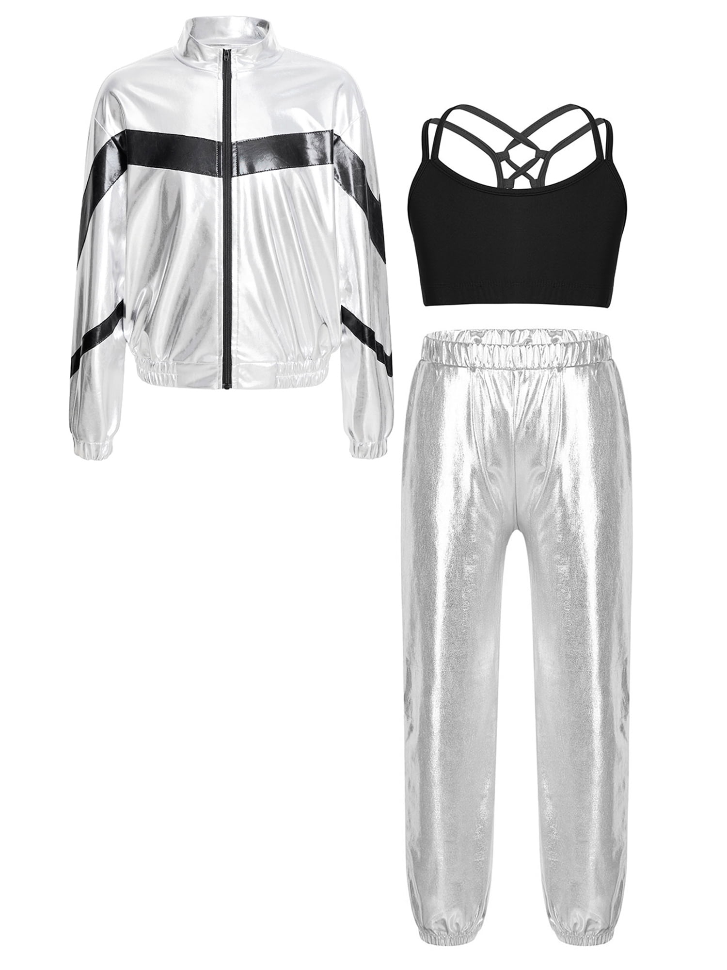 TiaoBug Girls Hip-hop Dance Outfits Shiny Metallic Bomber Jacket ...