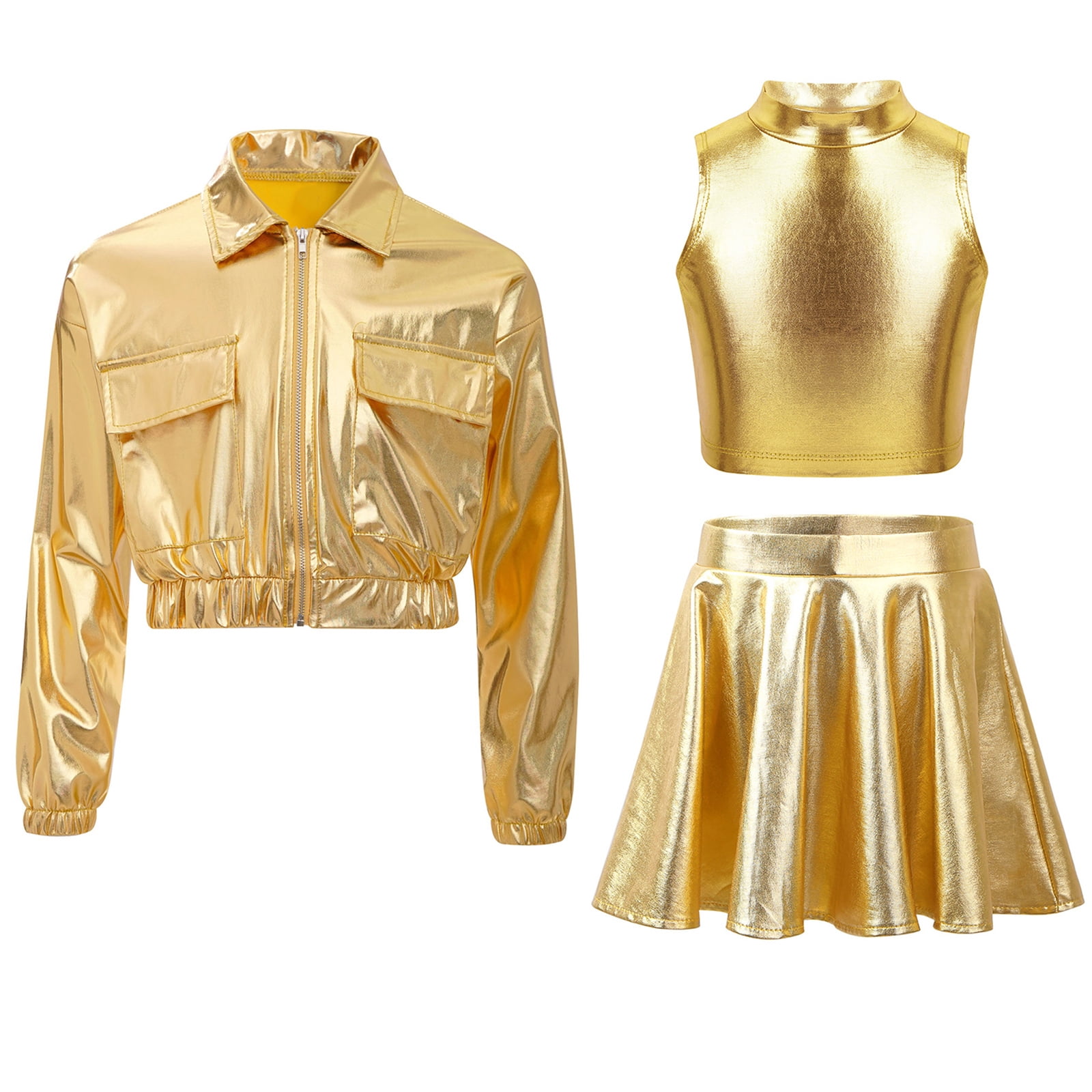 TiaoBug Girls Jazz Hip Hop Dance Outfits 3Pcs Tracksuit Shiny Metallic ...