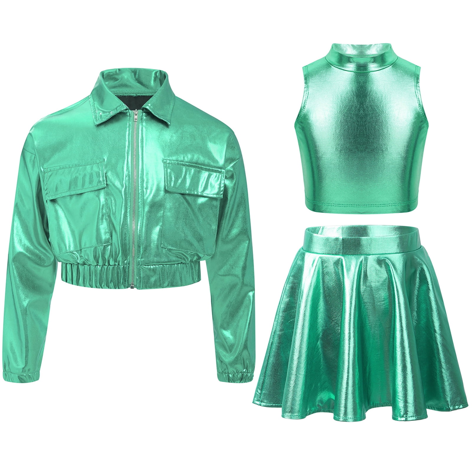 TiaoBug Girls Jazz Hip Hop Dance Outfits 3Pcs Tracksuit Shiny Metallic ...