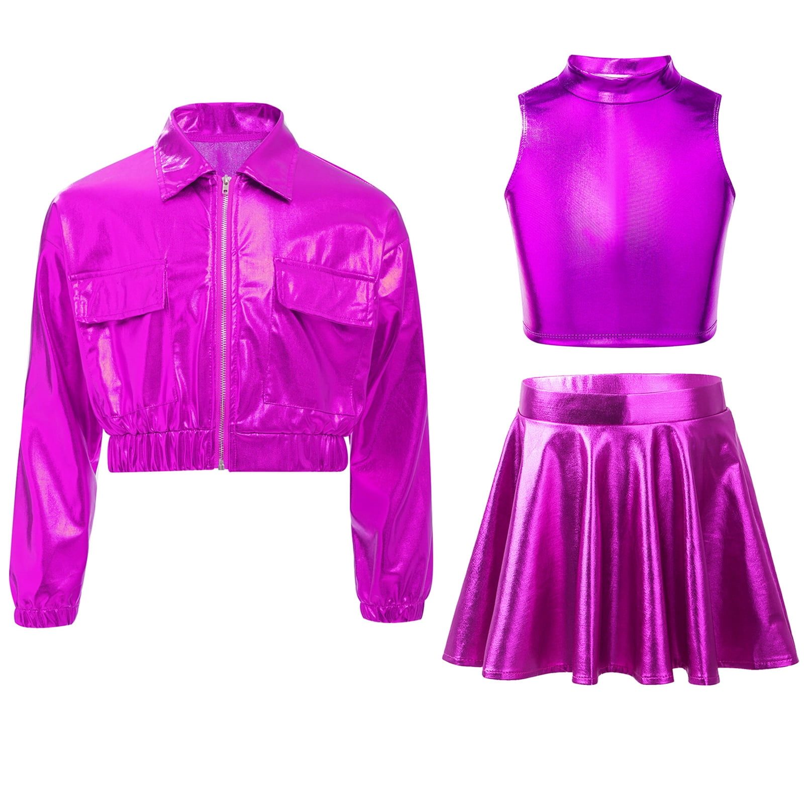TiaoBug Girls Jazz Hip Hop Dance Outfits 3Pcs Tracksuit Shiny Metallic ...