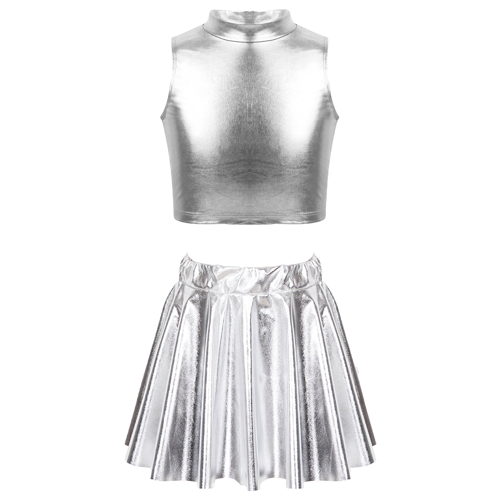 TiaoBug Girls Jazz Hip Hop Dancewear Shiny Metallic Crop Tops Pleated ...