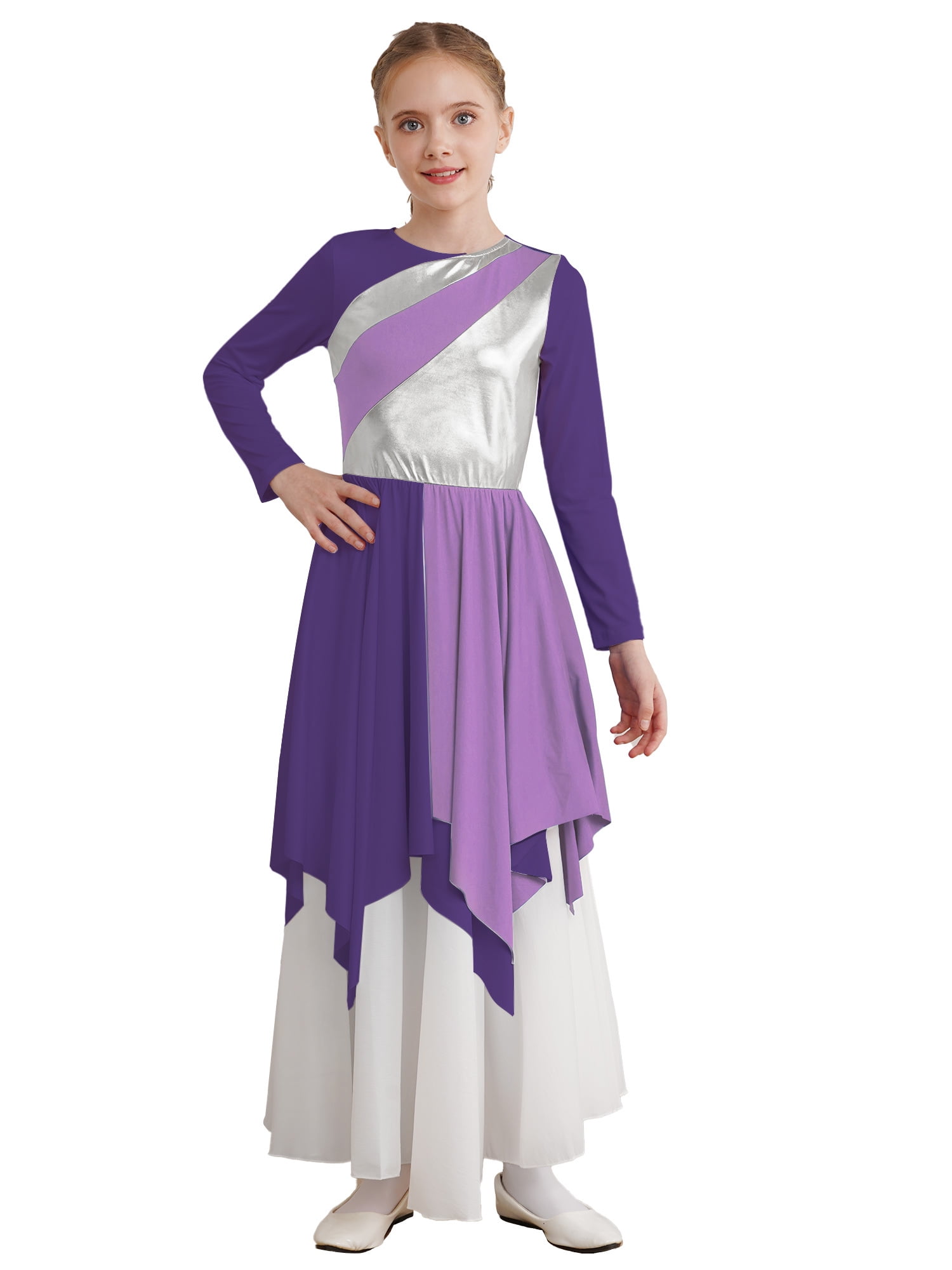 TiaoBug Girls Metallic Lyrical Dance Dress Long Sleeve Irregular Tunic ...