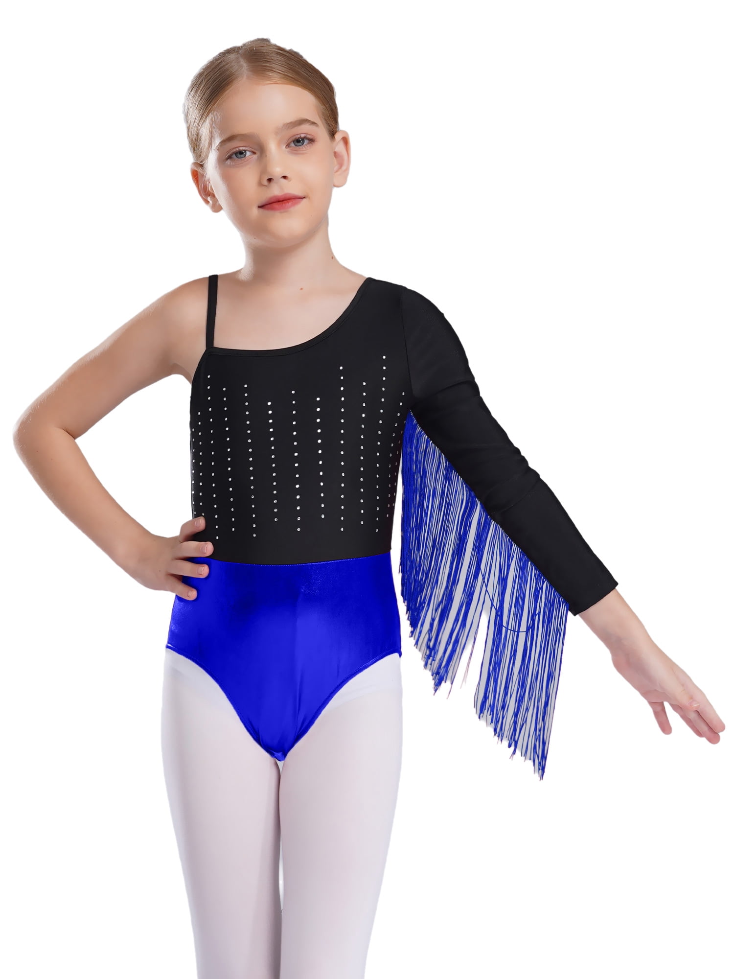 TiaoBug Girls One Shoulder Fringe Tassels Latin Dance Shirt Bodysuit ...