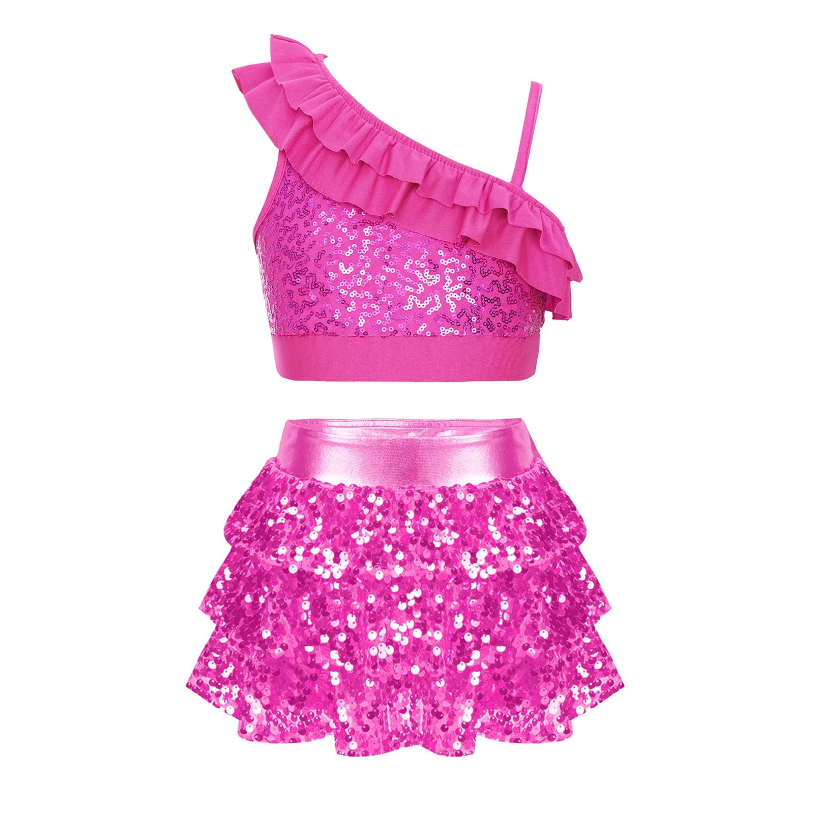 TiaoBug Girls Sequins Ruffle Crop Top with Skirted Shorts Dance ...