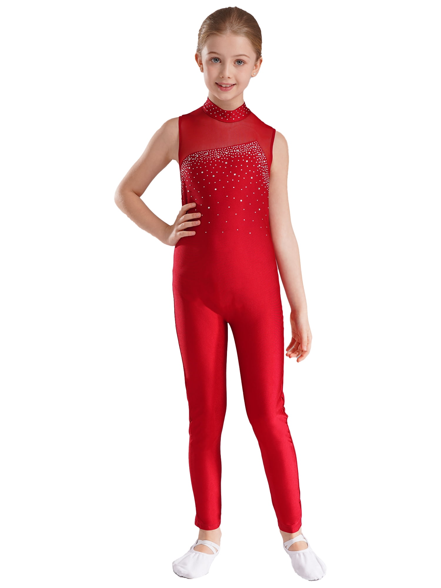 TiaoBug Girls Sleeveless Gymnastics Leotard Rhinestone Mesh Patchwork ...