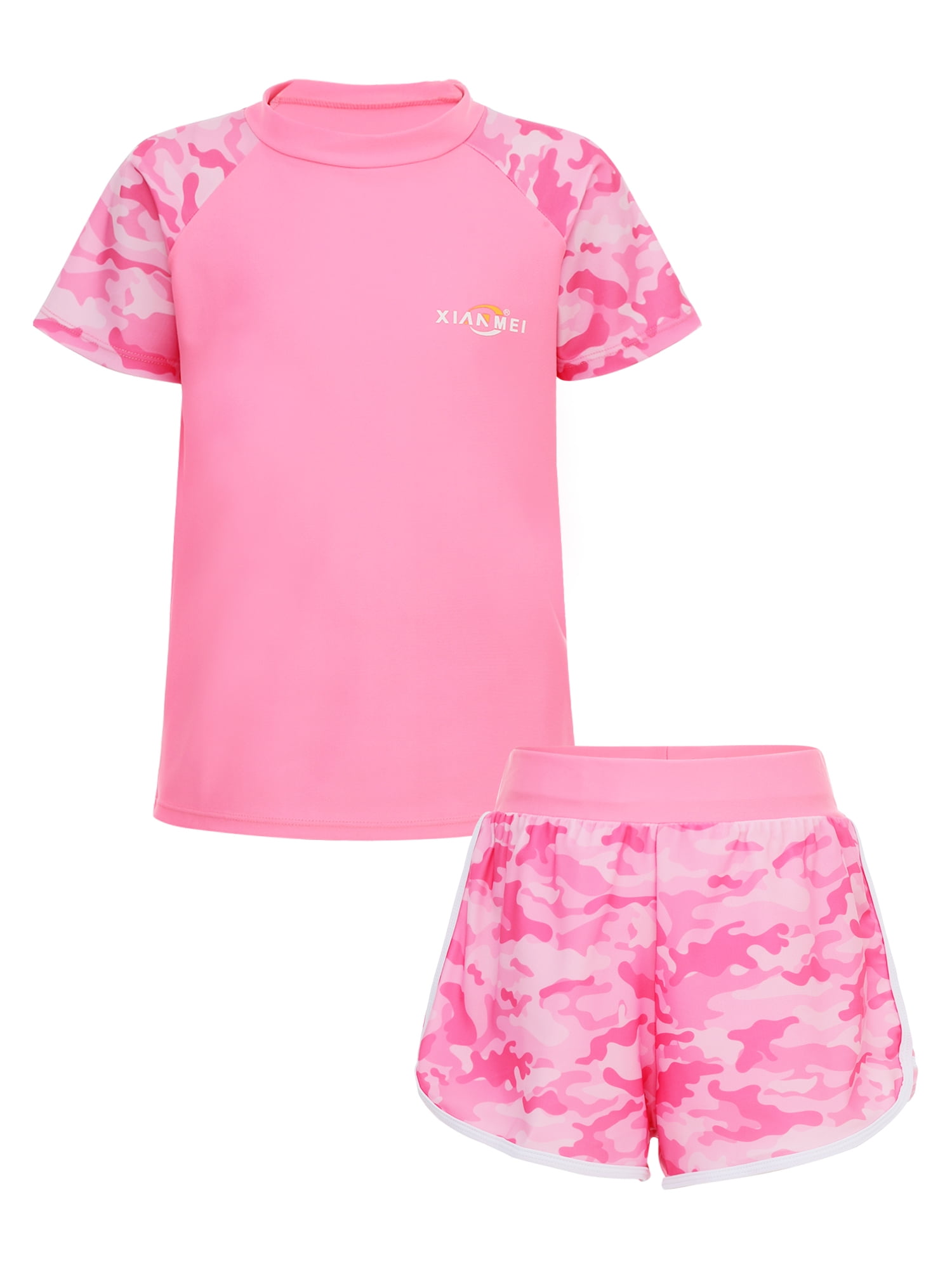TiaoBug Girls Summer Rash Guard Swimsuit Set Printed Short Sleeve Swim ...