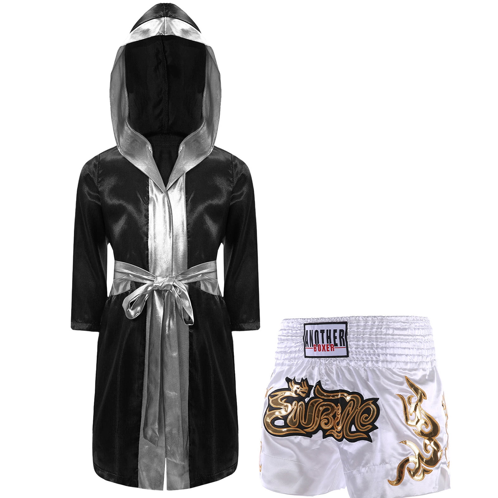 TiaoBug Kids Boxing Outfit Boys Long Sleeve Metallic Trim Hooded Cloak ...