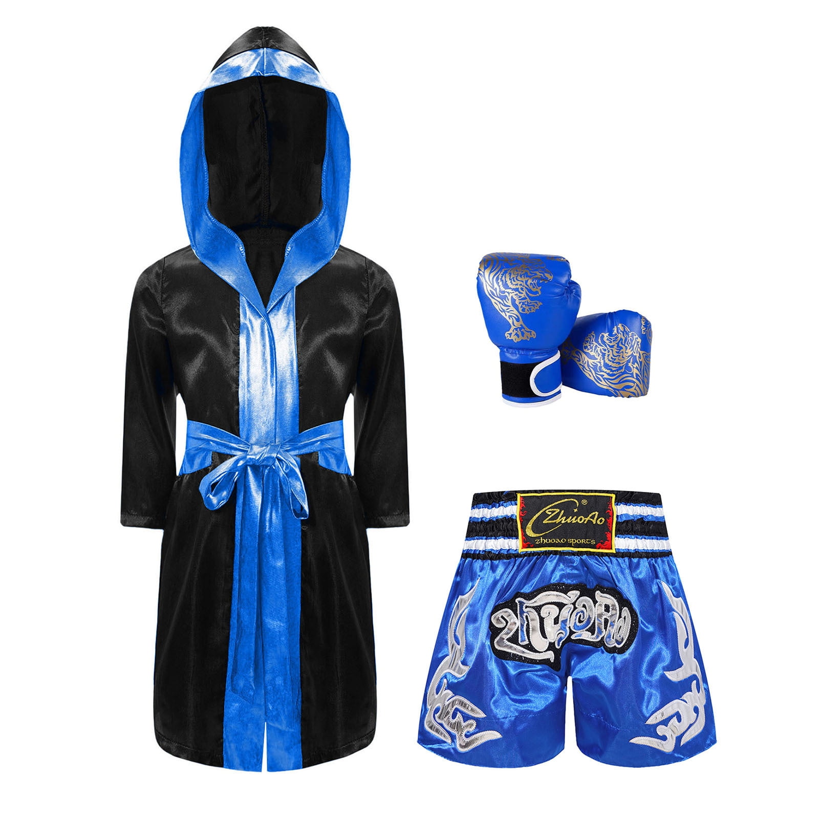 TiaoBug Kids Boys 3Pcs Boxing Satin Hooded Boxing Robes with Boxer ...