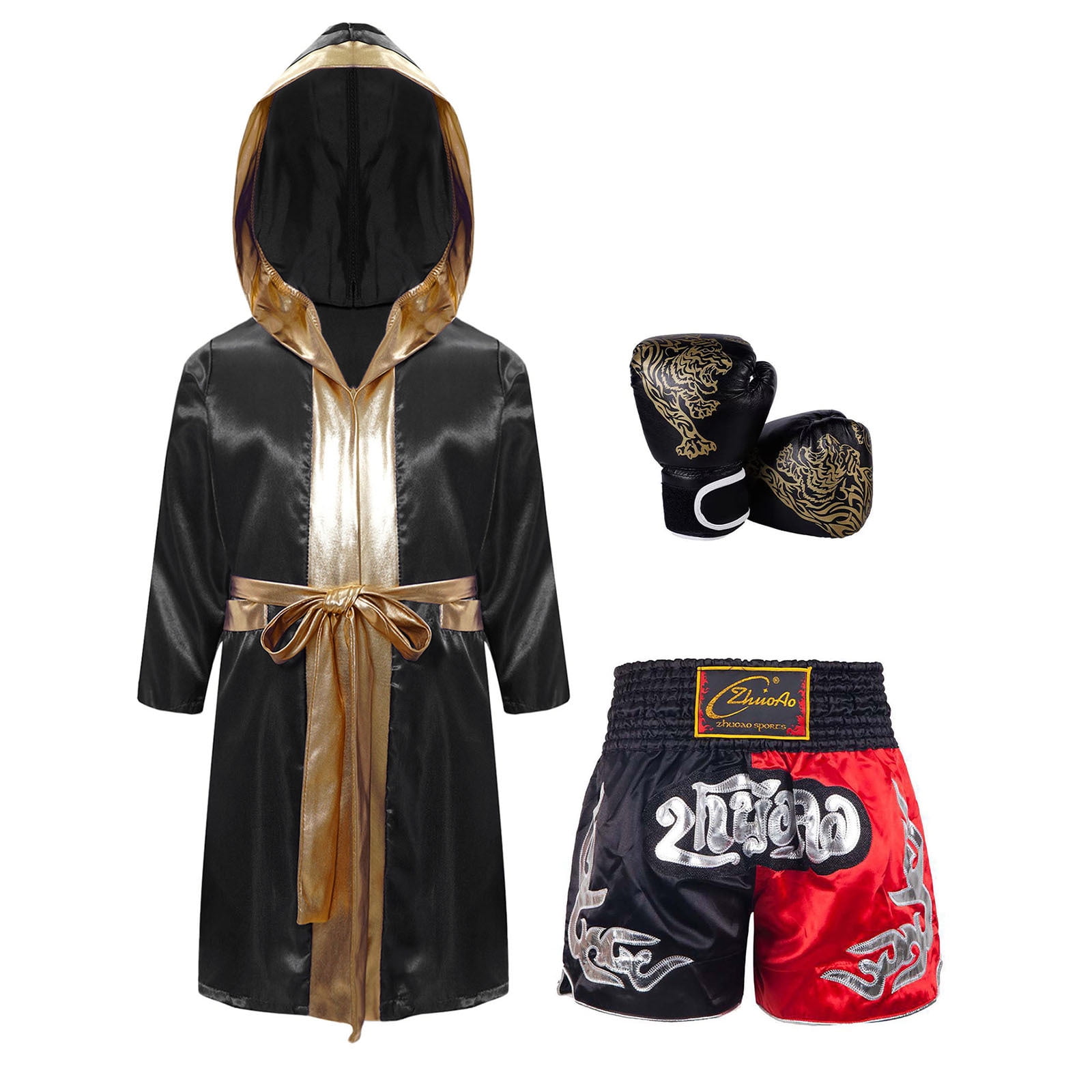 TiaoBug Kids Boys 3Pcs Boxing Satin Hooded Boxing Robes with Boxer ...