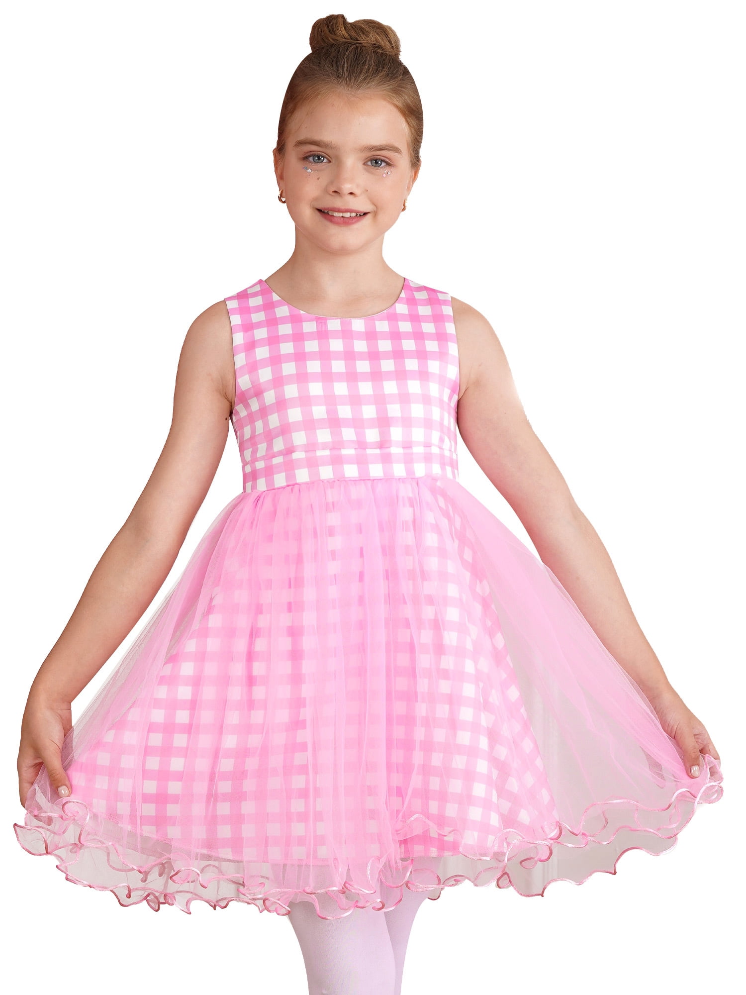 TiaoBug Kids Girl Plaid Dress White Pink Print Gingham A-Line Dresses ...