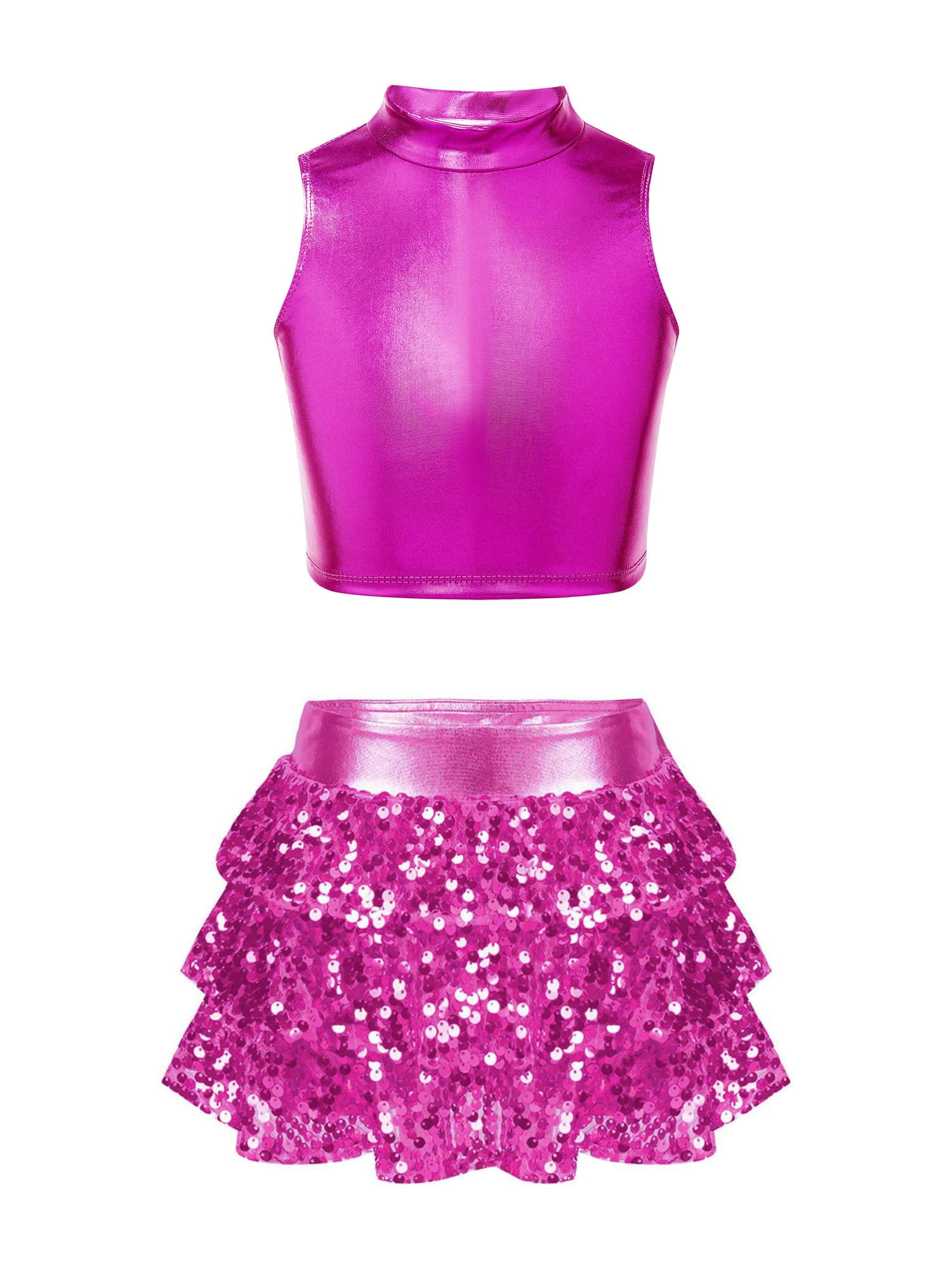 TiaoBug Kids Girls 2 Pcs Hip Hop Jazz Dance Costume Metallic Sequin ...