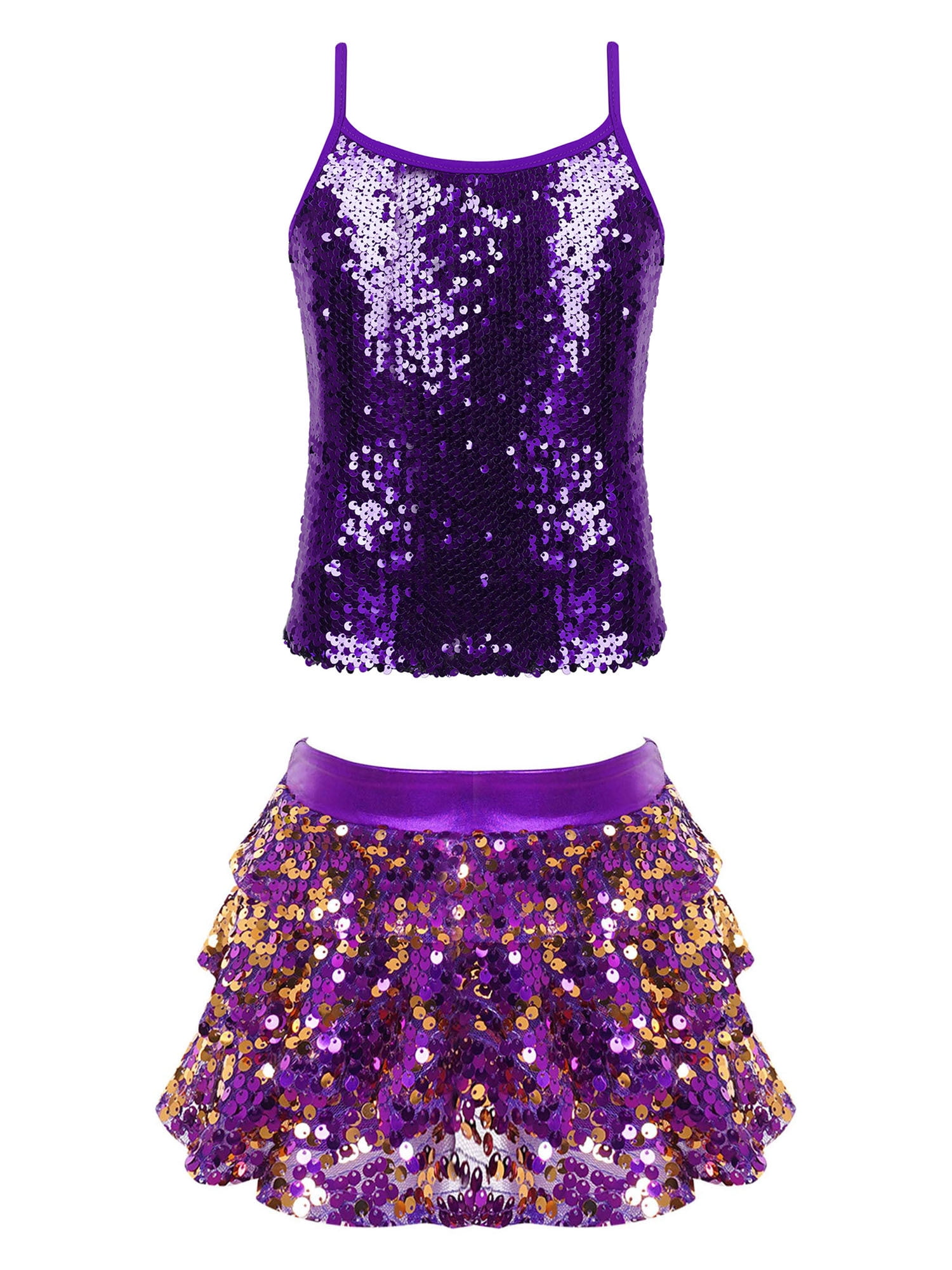 TiaoBug Kids Girls 2 Pcs Jazz Dance Outfit Set Sequin Cami Vest Top ...