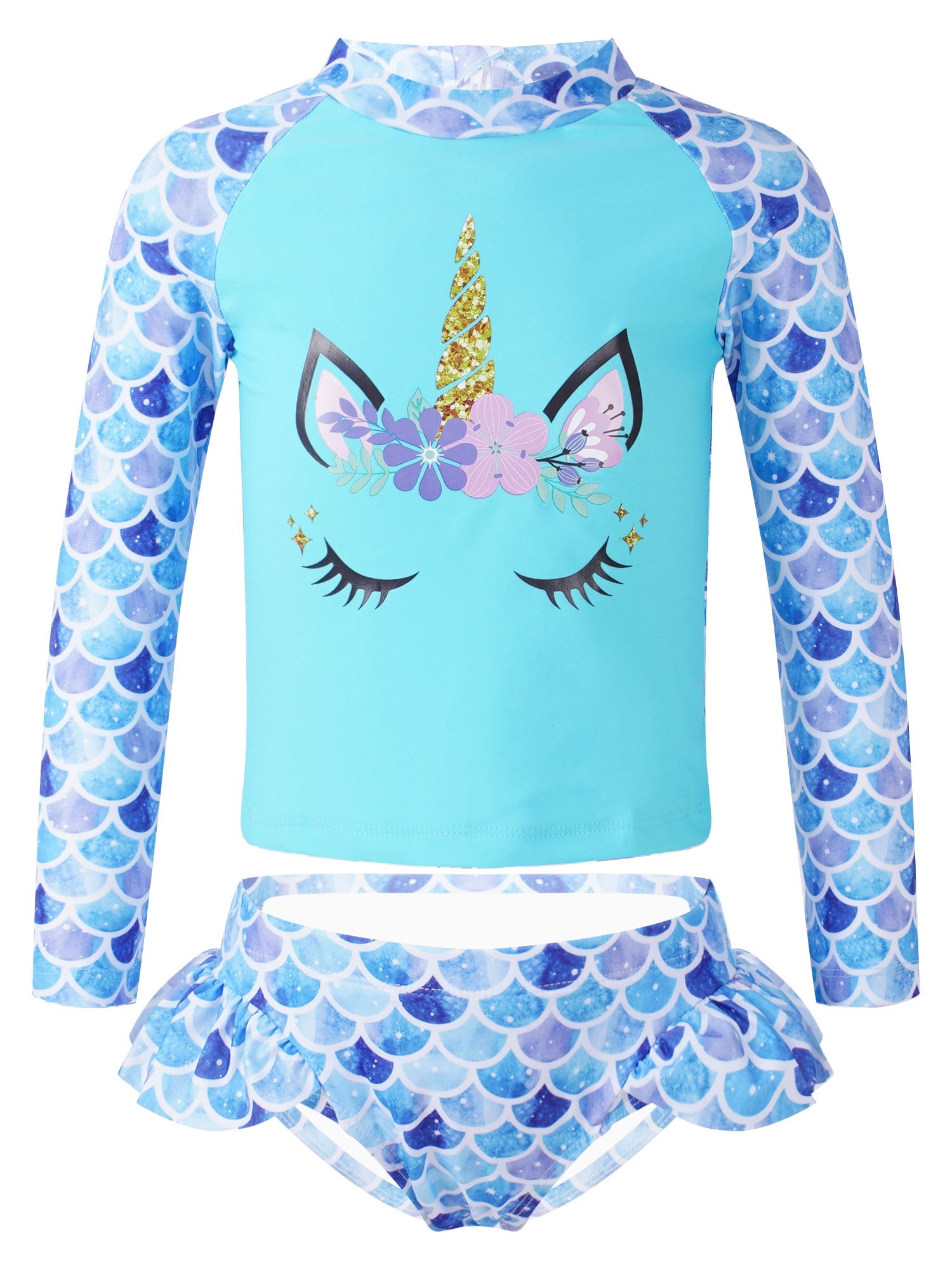 TiaoBug Kids Girls 2Pcs Fish Scales Rash Guard Swimsuit Long Sleeves ...