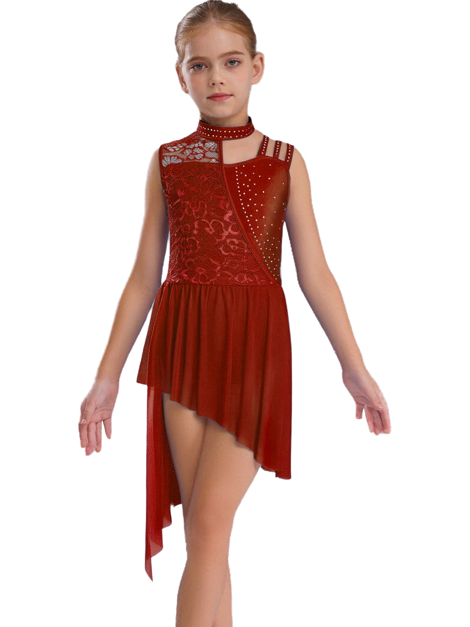 TiaoBug Kids Girls Asymmetrical Floral Lace Ballet Leotard Dress ...