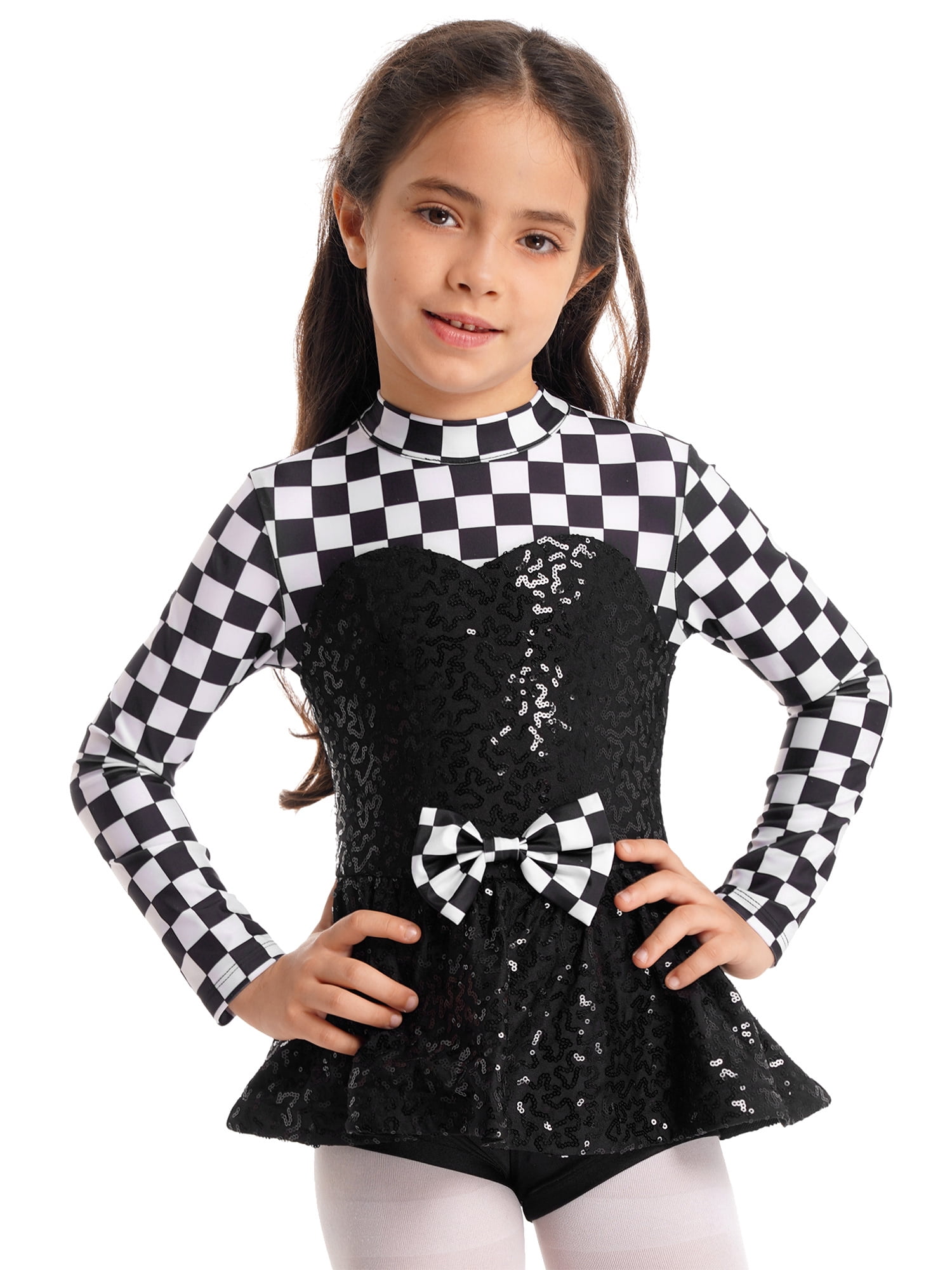 TiaoBug Kids Girls Checkerboard Sequin Long Sleeve Leotard Racing ...