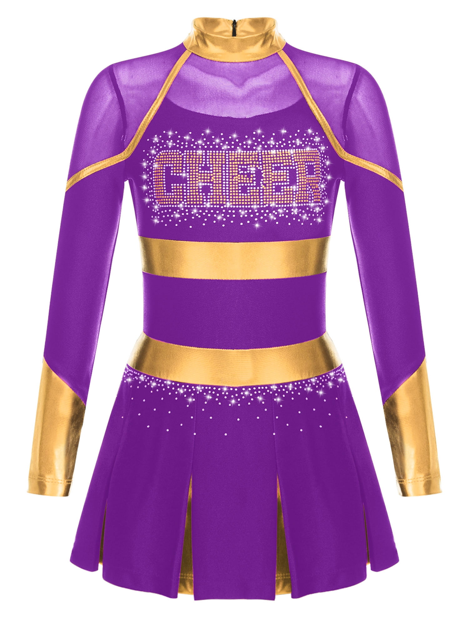 TiaoBug Kids Girls Cheer Costume Shiny Metallic Rhinestones Long Sleeve ...