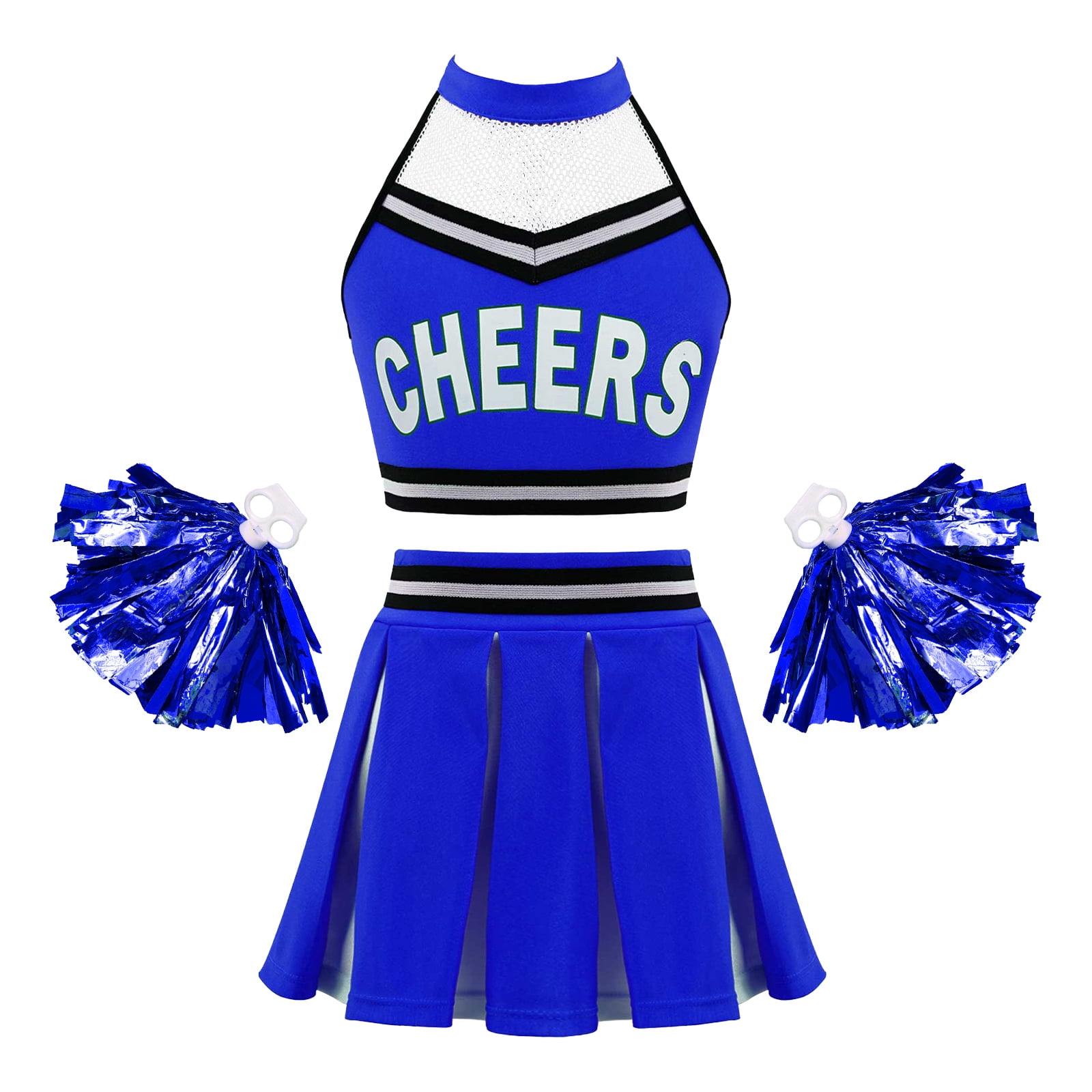TiaoBug Kids Girls Cheer Leader Uniform Crop Top Pleated Skirt and Pom ...