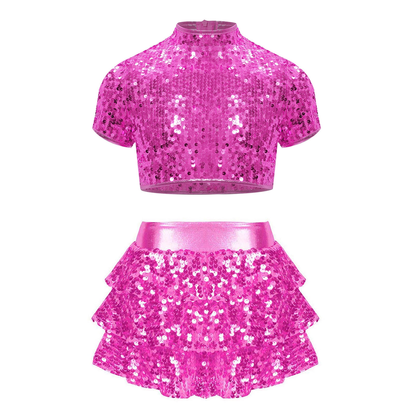 TiaoBug Kids Girls Cheerleading Costume Sparkly Short Sleeve Crop Tops ...