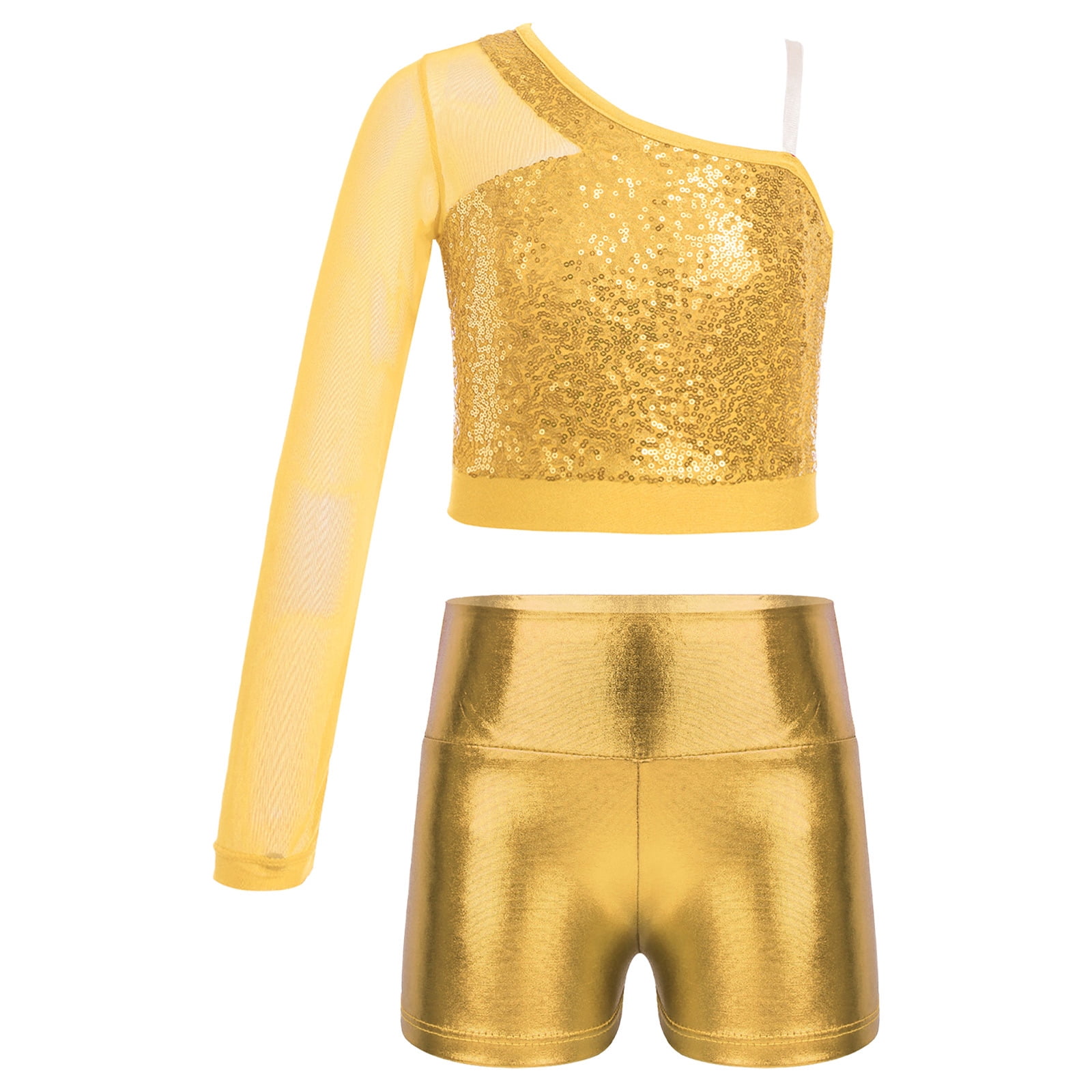 TiaoBug Kids Girls Dance Gymnastic Outfits Sequins One Shoulder Crop ...