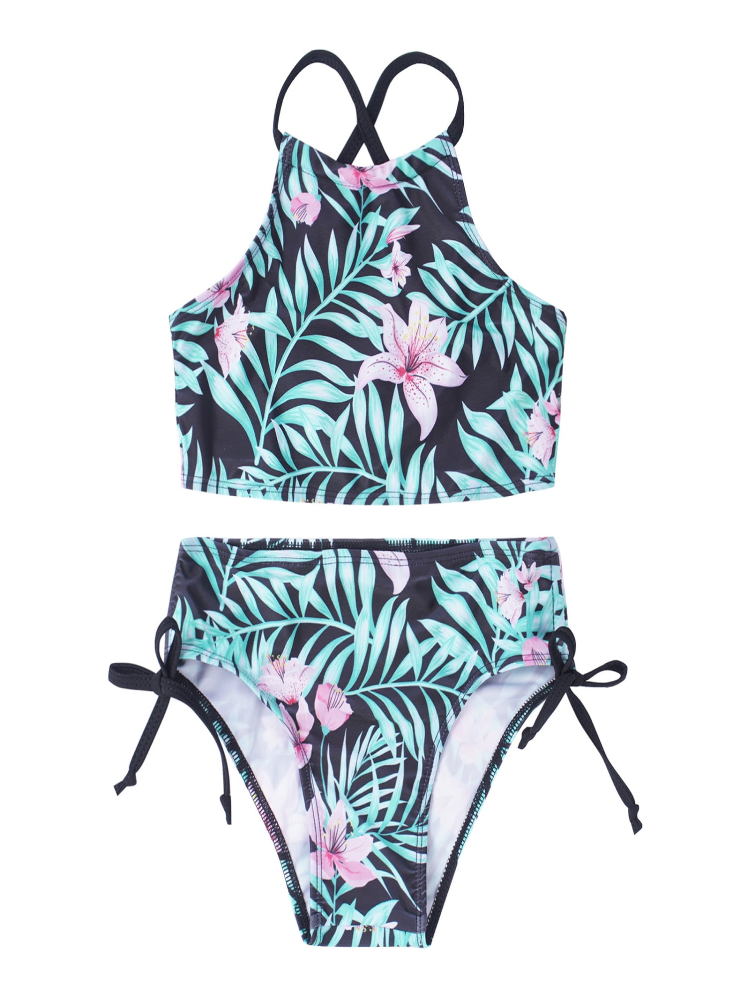 TiaoBug Kids Girls Floral Printed Bikini Set 2 Piece Halter Crop Top ...