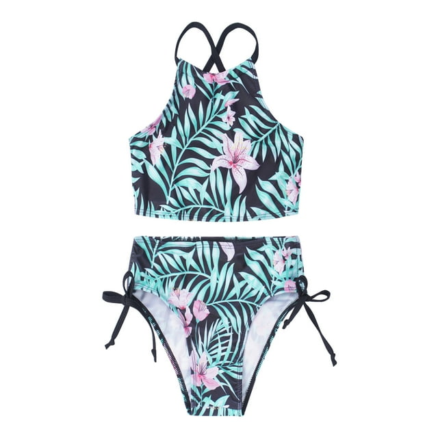 TiaoBug Kids Girls Floral Printed Bikini Set 2 Piece Halter Crop Top ...