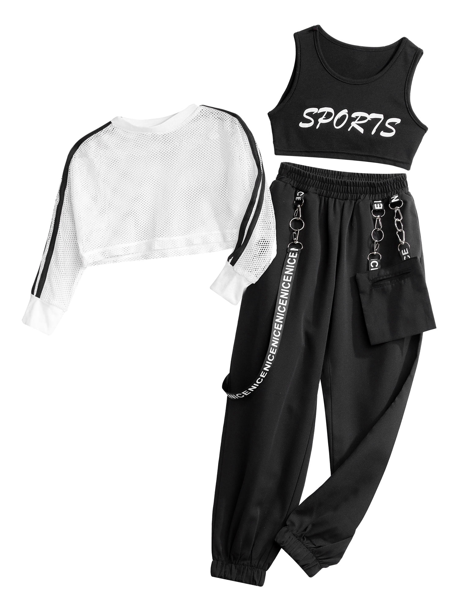 TiaoBug Kids Girls Hip Hop Dance Outfits Fishnet Sweatshirt Tank Top ...