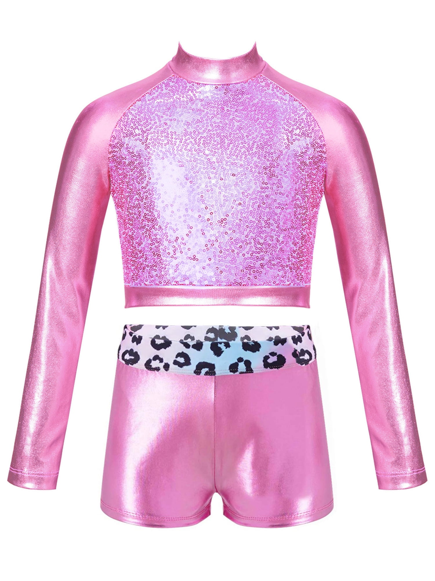TiaoBug Kids Girls Hip Hop Jazz Dance Outfits Long Sleeve Sequins Crop ...