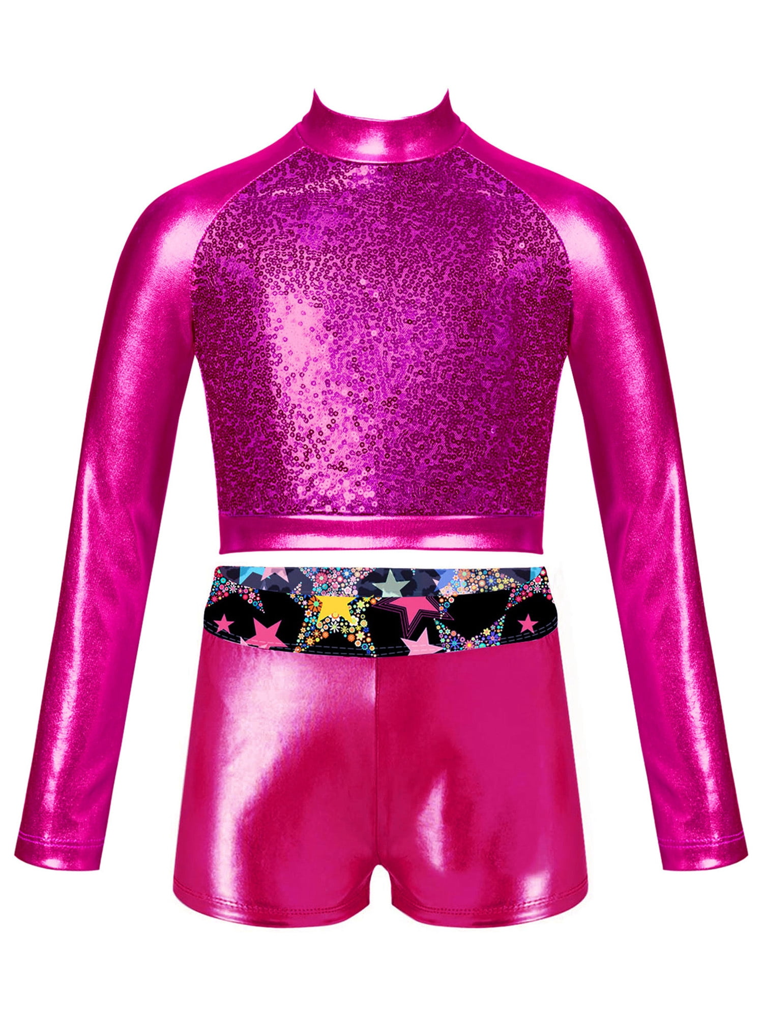 TiaoBug Kids Girls Hip Hop Jazz Dance Outfits Long Sleeve Sequins Crop ...