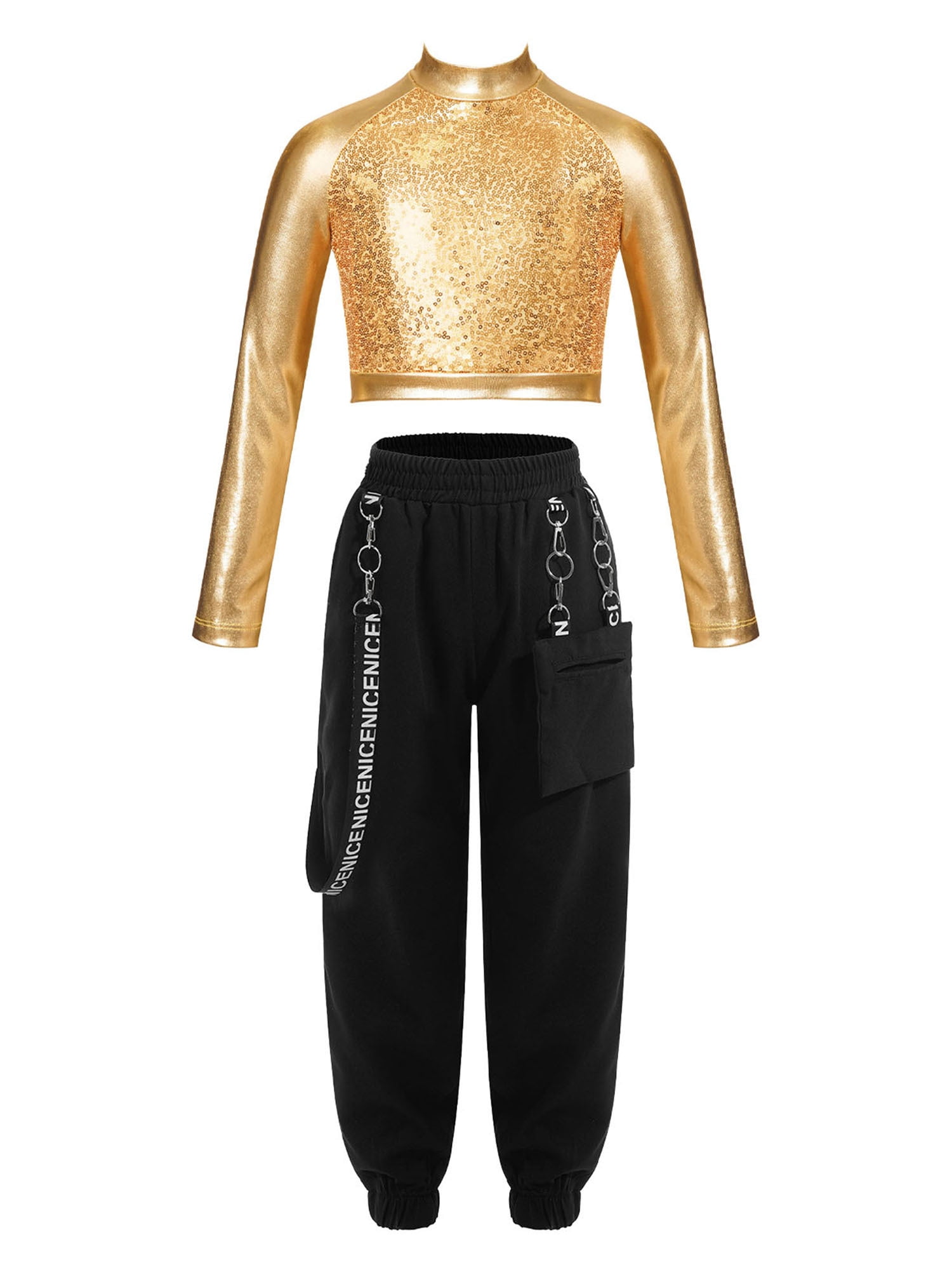 TiaoBug Kids Girls Hip Hop Jazz Dance Outfits Sequin Long Sleeve Crop ...