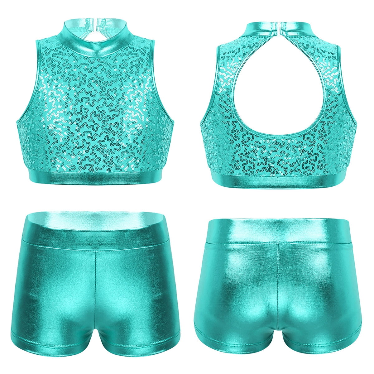 TiaoBug Kids Girls Jazz Hip-hop Dance Outfits Sequins Crop Top Metallic ...
