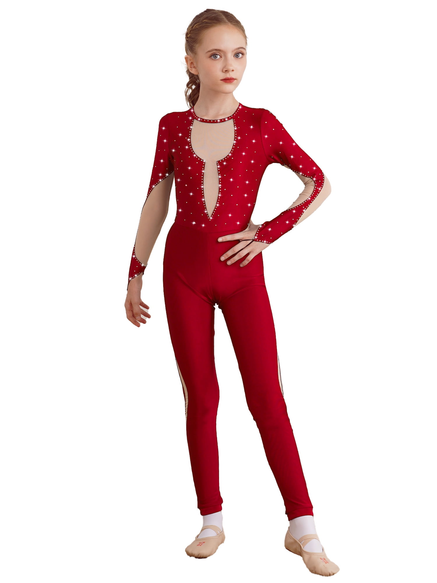 TiaoBug Kids Girls Long Sleeve Gymnastic Dance Leotard Mesh Splice ...