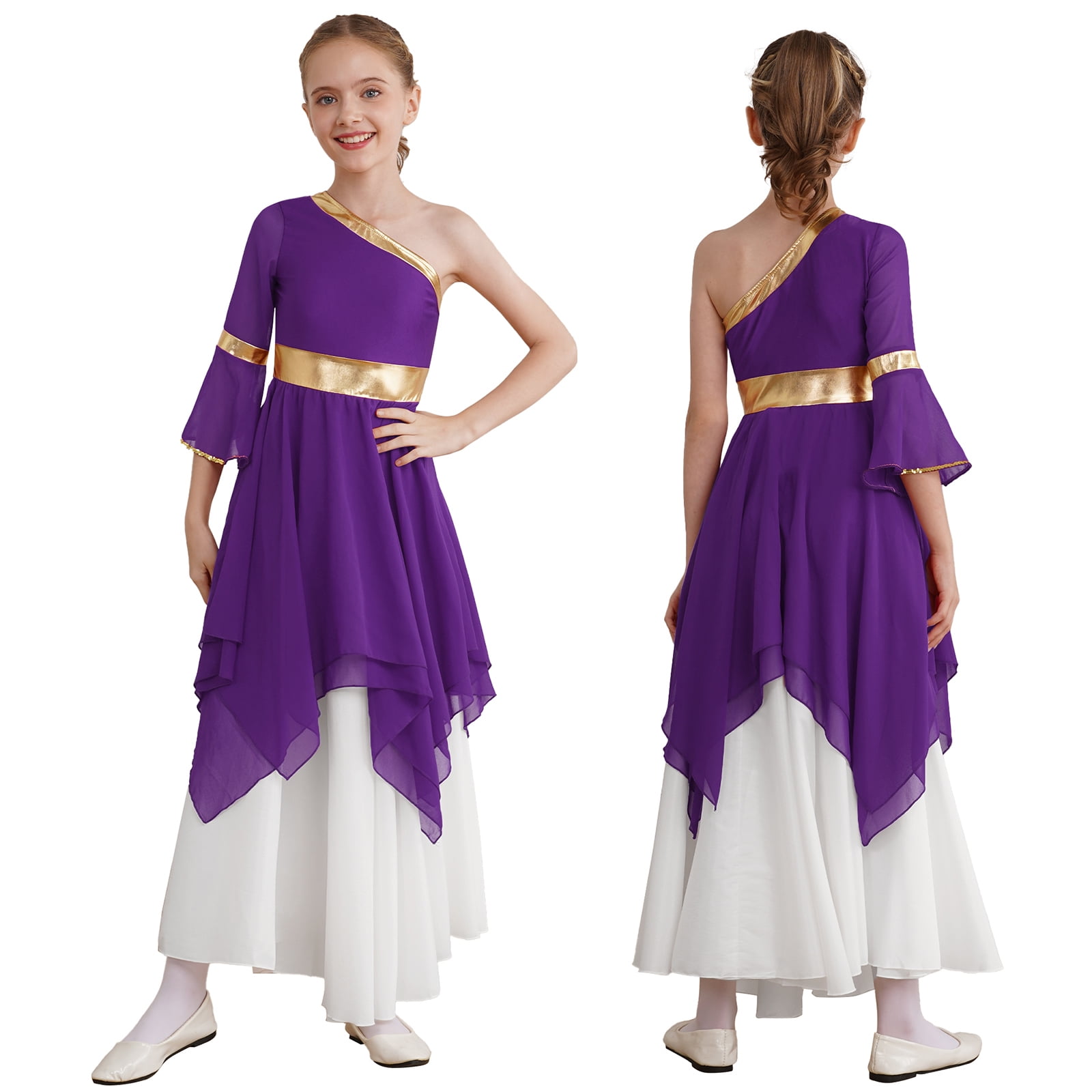 TiaoBug Kids Girls Lyrical Dancewear One Shoulder Liturgical Praise Dance Dress Color Block ...