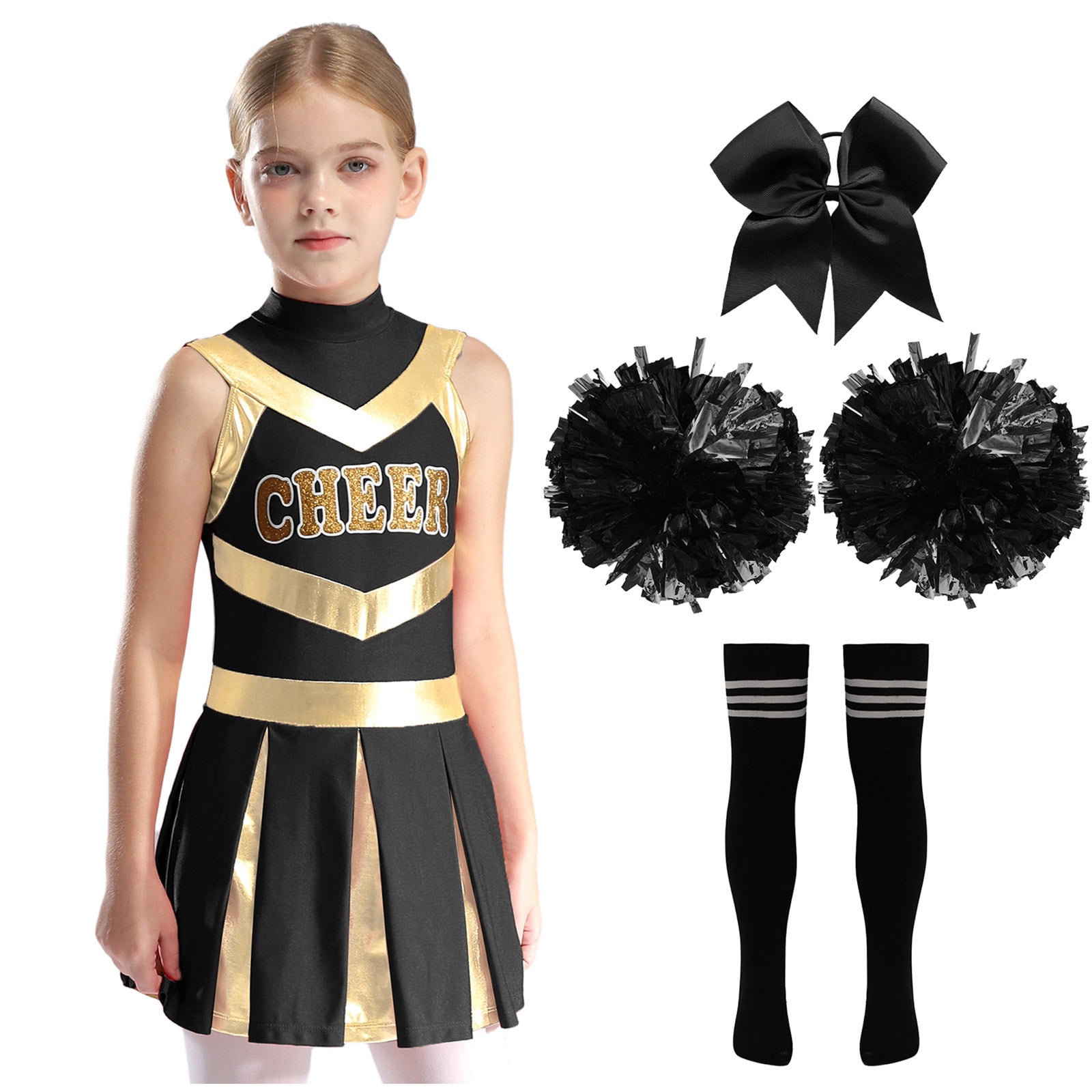 TiaoBug Kids Girls Metallic Cheerleading Dance Dress 4Pcs Complete ...