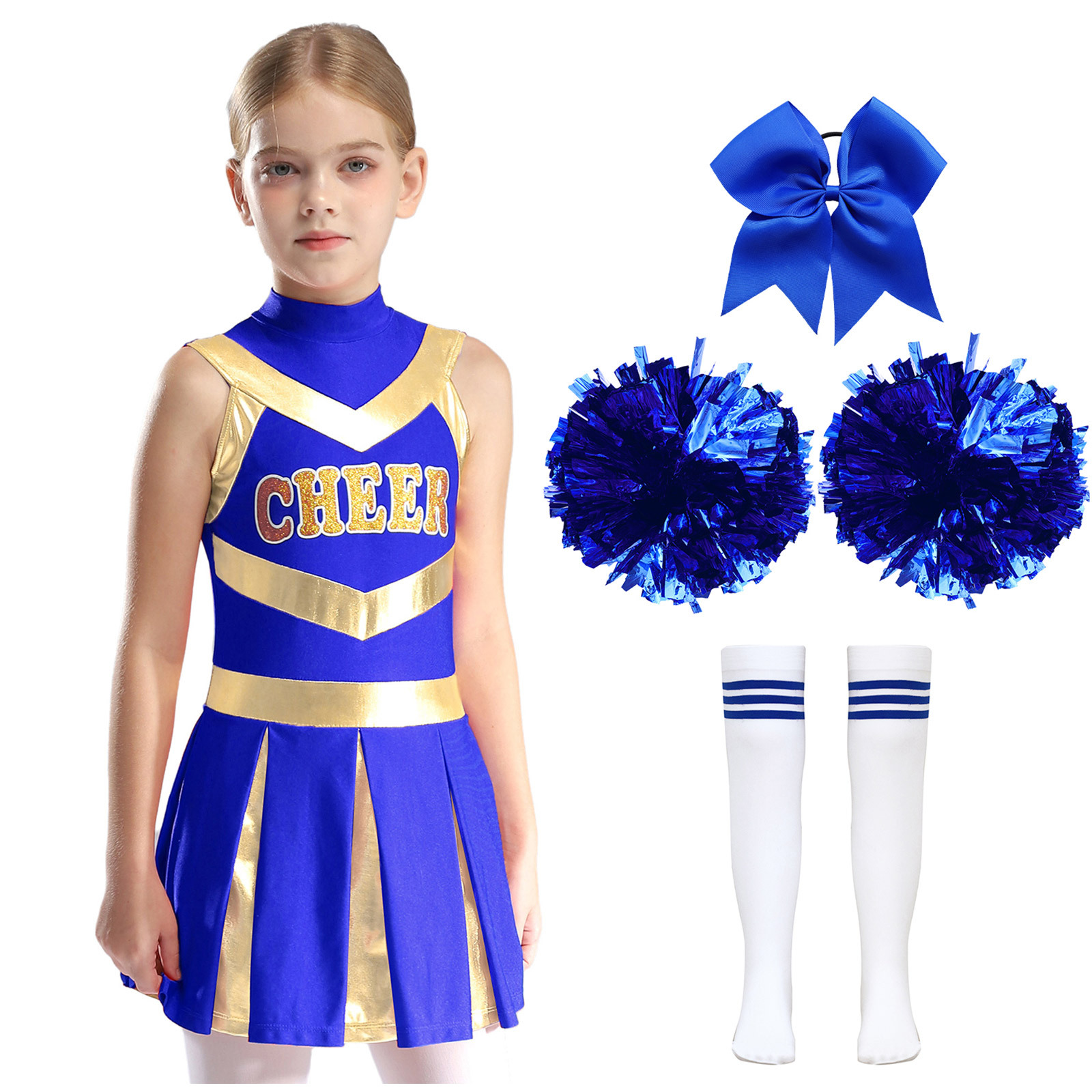 TiaoBug Kids Girls Metallic Cheerleading Dance Dress 4Pcs Complete ...