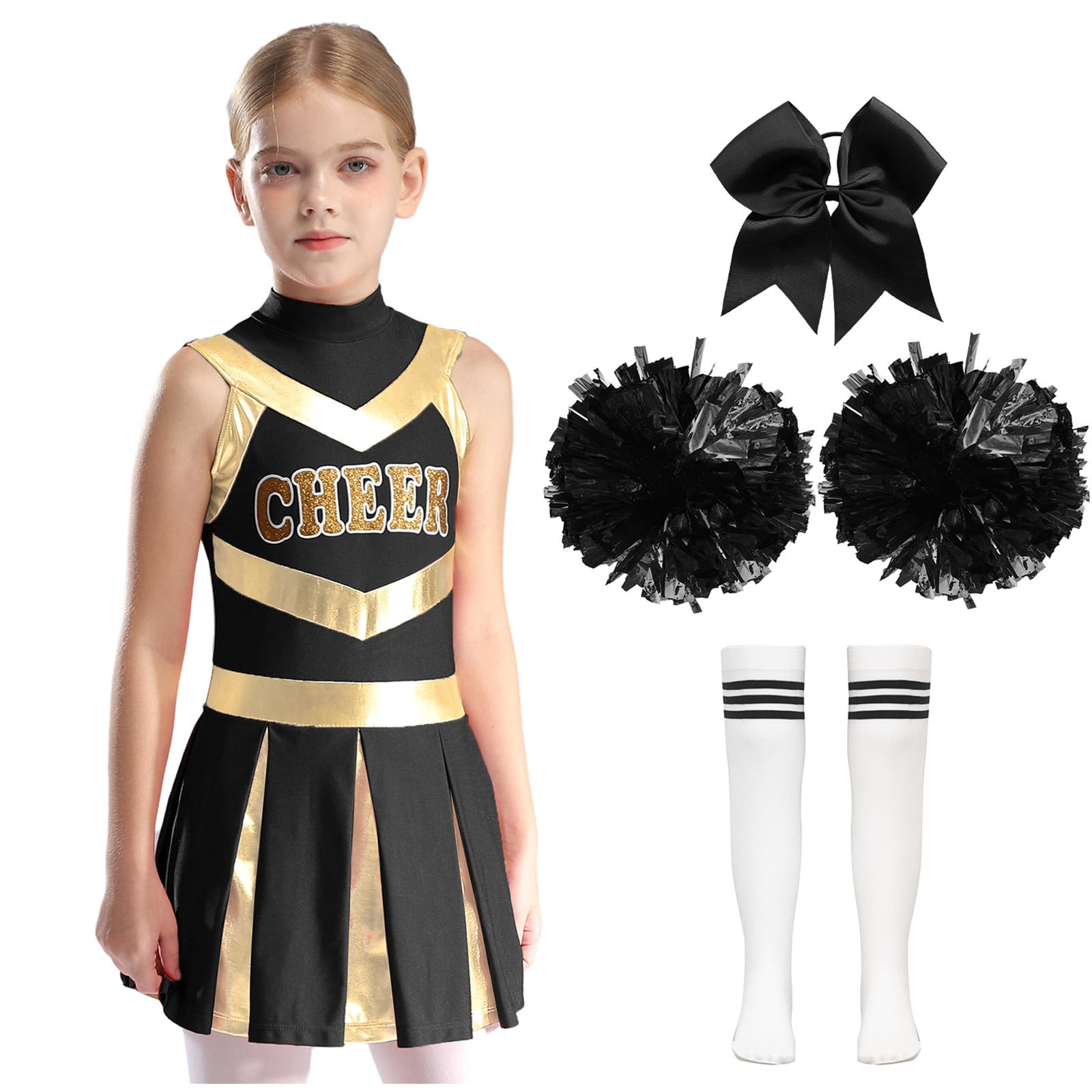 TiaoBug Kids Girls Metallic Cheerleading Dance Dress 4Pcs Complete ...