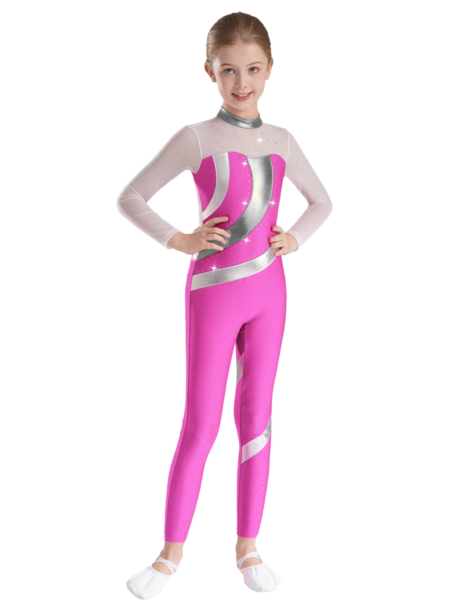 TiaoBug Kids Girls Metallic Gymnastics Dance Leotard Long Sleeve ...
