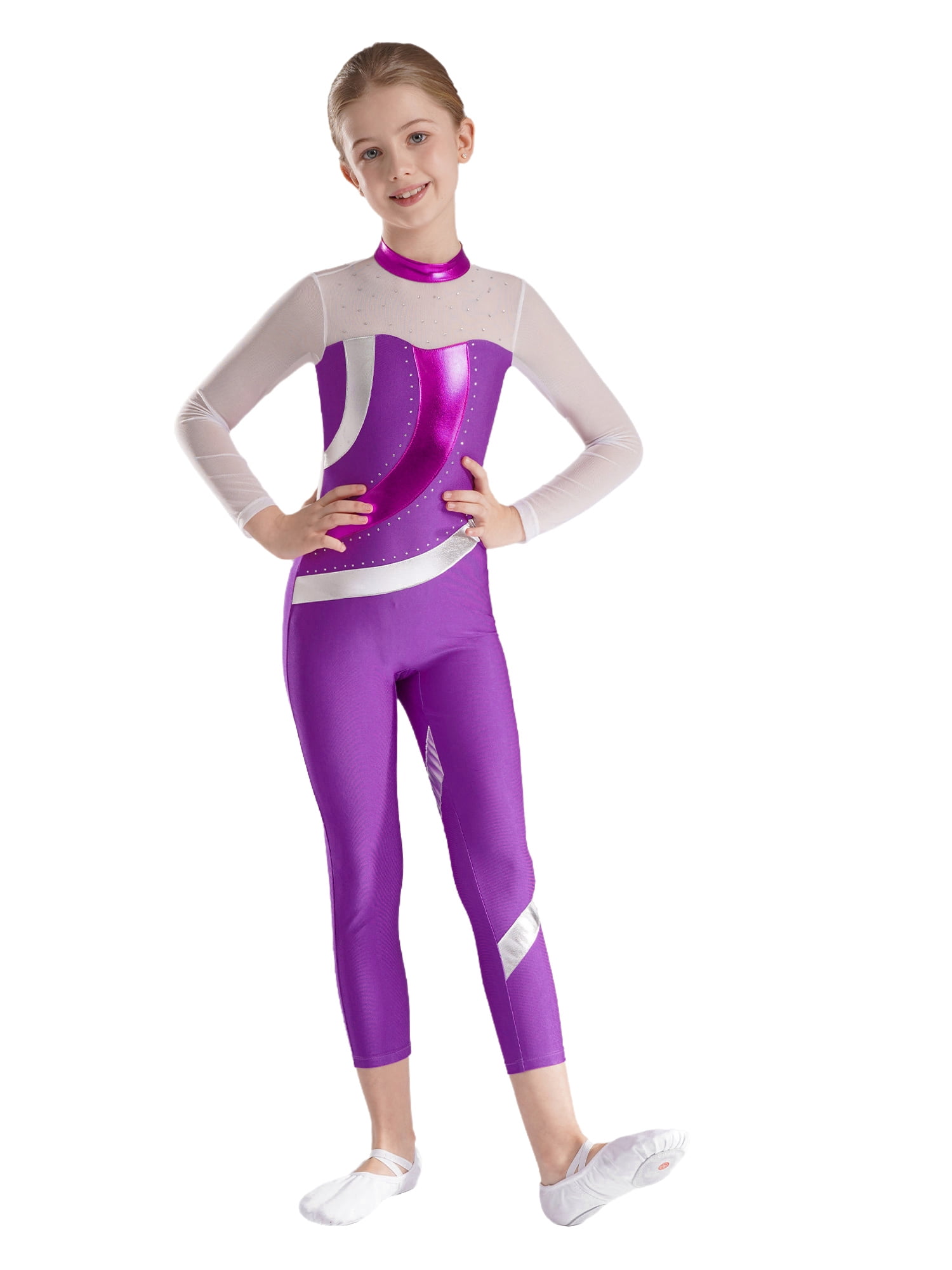 TiaoBug Kids Girls Metallic Gymnastics Dance Leotard Long Sleeve ...