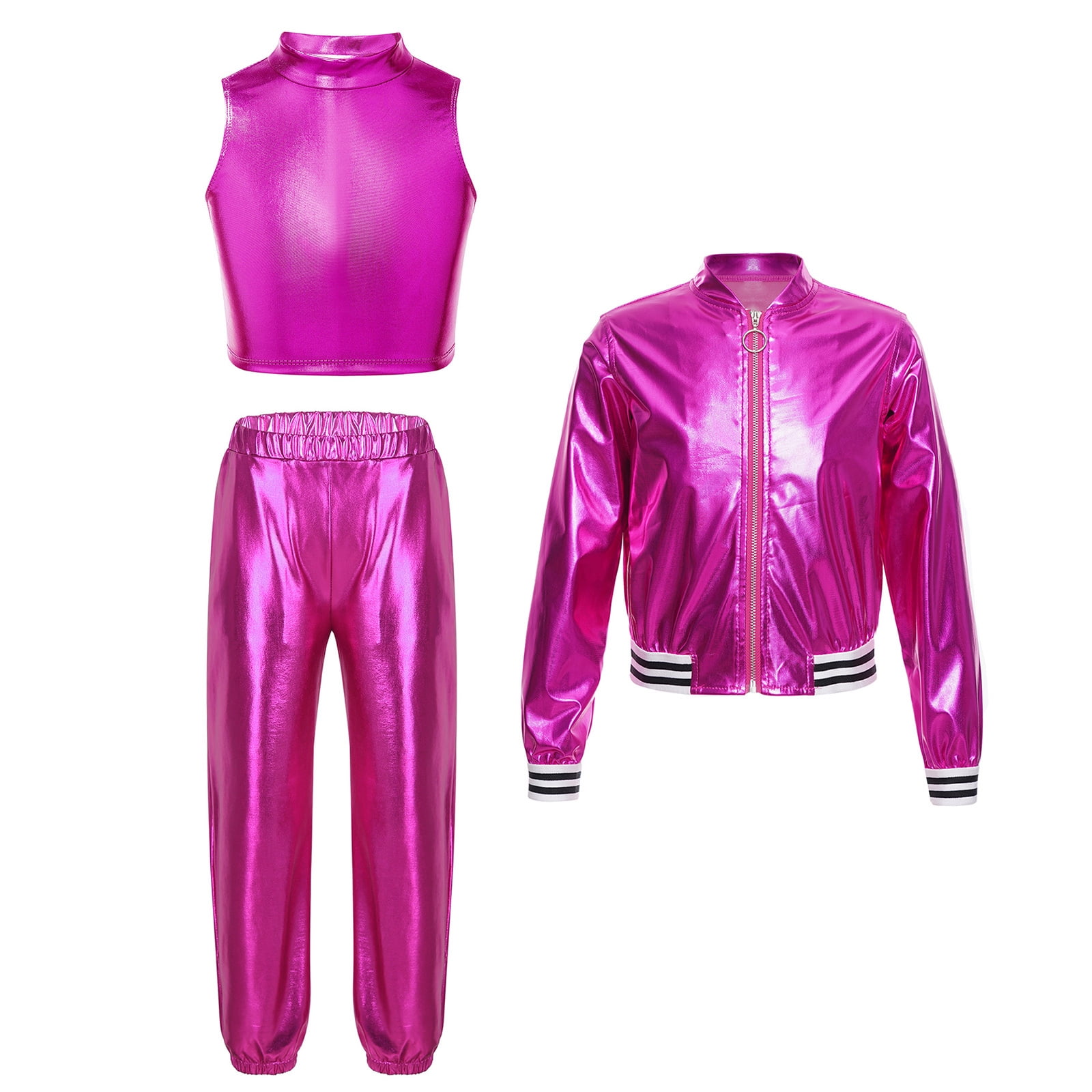 TiaoBug Kids Girls Metallic Hip Hop Dance Outfits Shiny Crop Top with ...