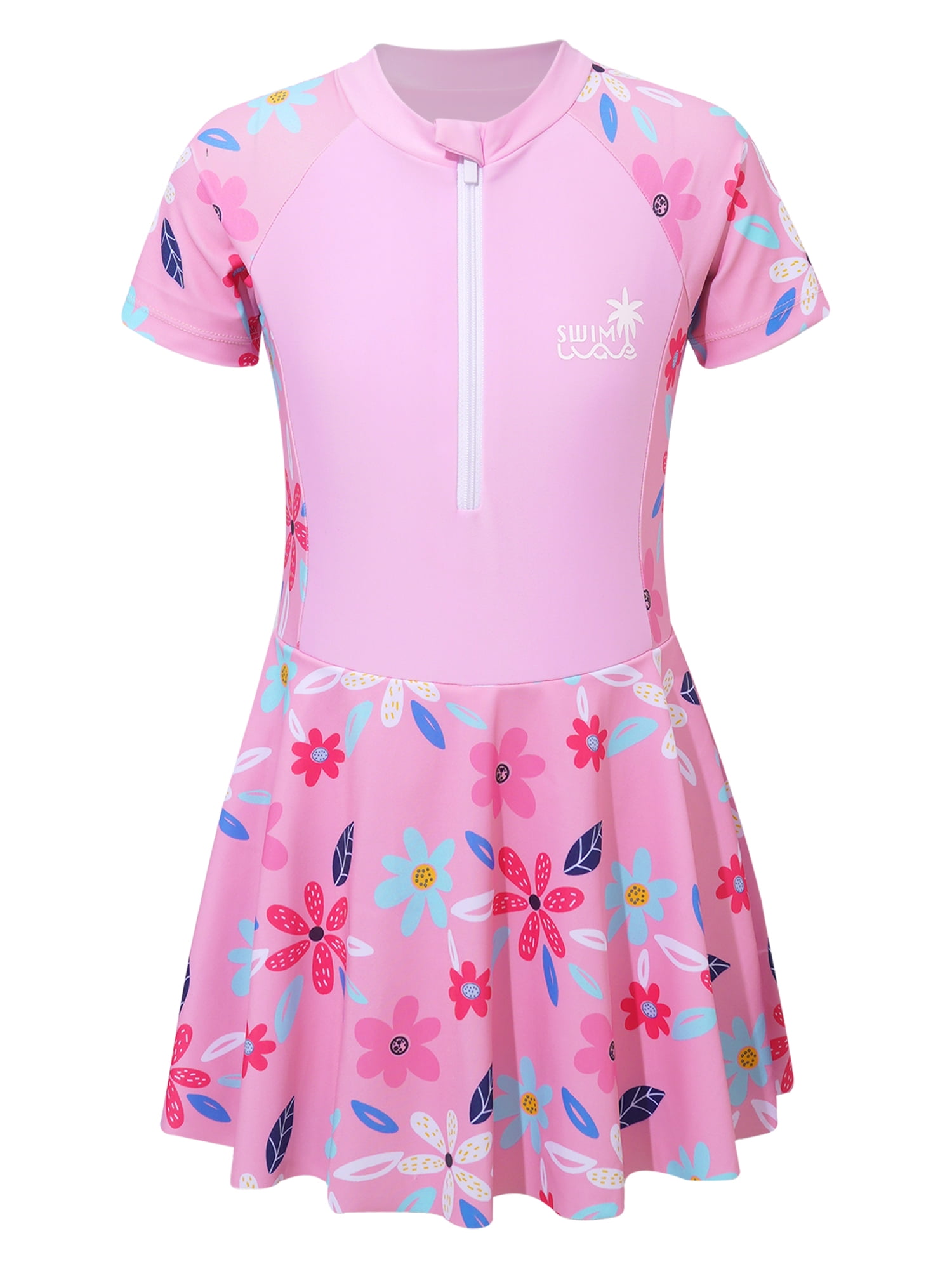 TiaoBug Kids Girls One Piece Floral Print Swim Dress Short Sleeve ...