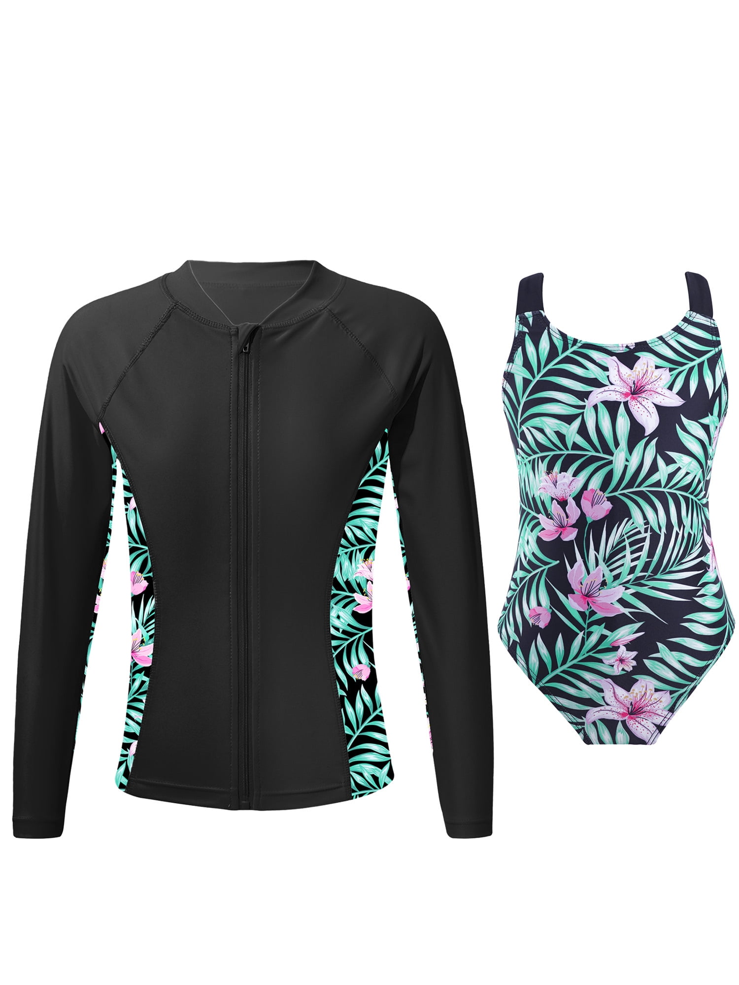 TiaoBug Kids Girls Printed Swimwear Long Sleeve Rash Guard Swim Top ...