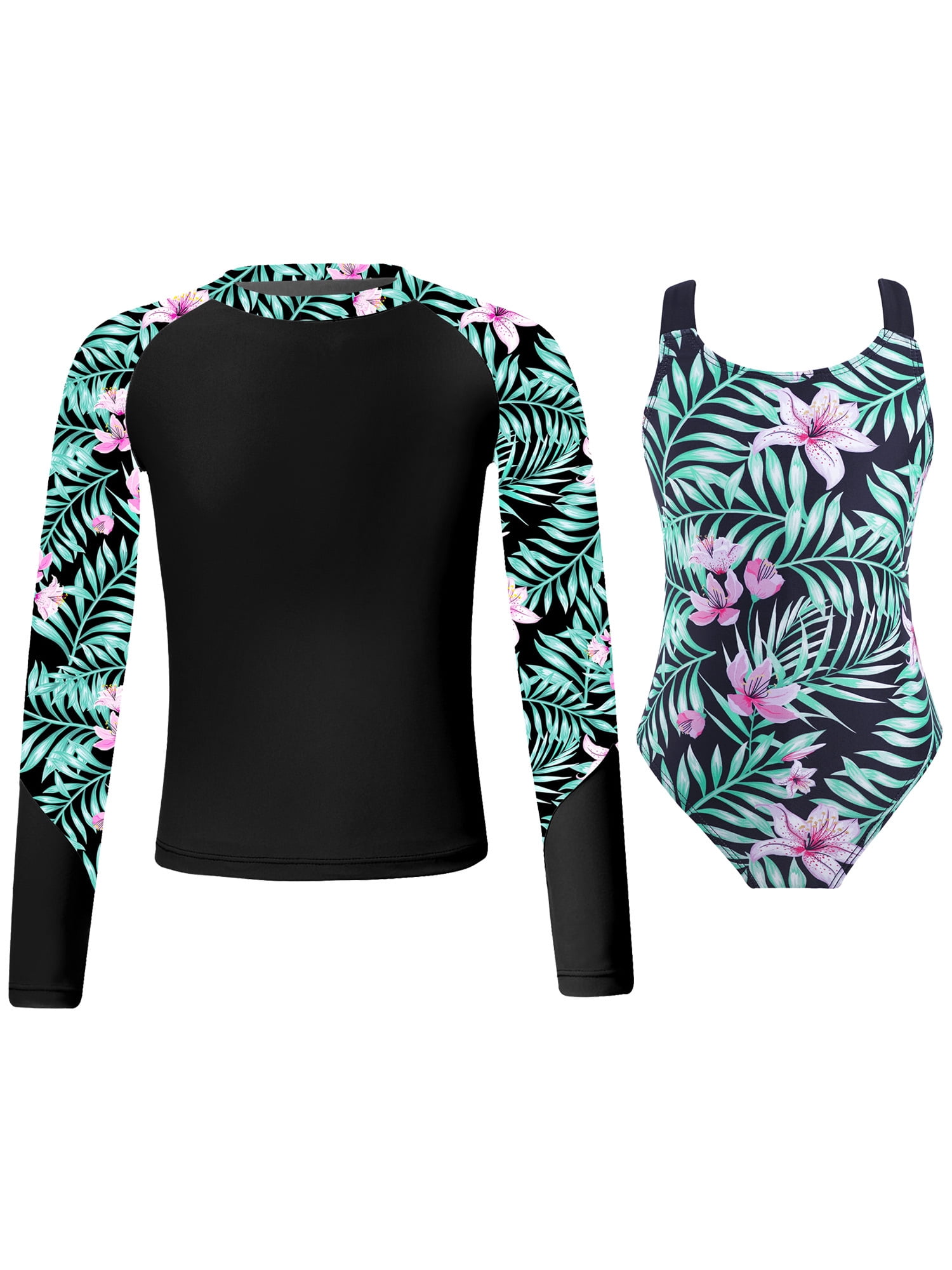 TiaoBug Kids Girls Printed Swimwear Long Sleeve Rash Guard Swim Top ...