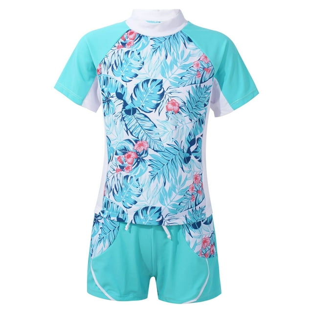 TiaoBug Kids Girls Rash Guard Swimsuit 2Pcs Sets Floral Print Short ...