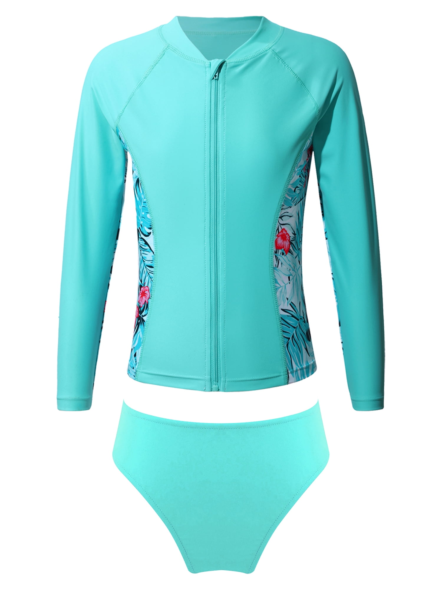 TiaoBug Kids Girls Rash Guard Swimsuit Sets Printed Long Sleeve Zipper ...