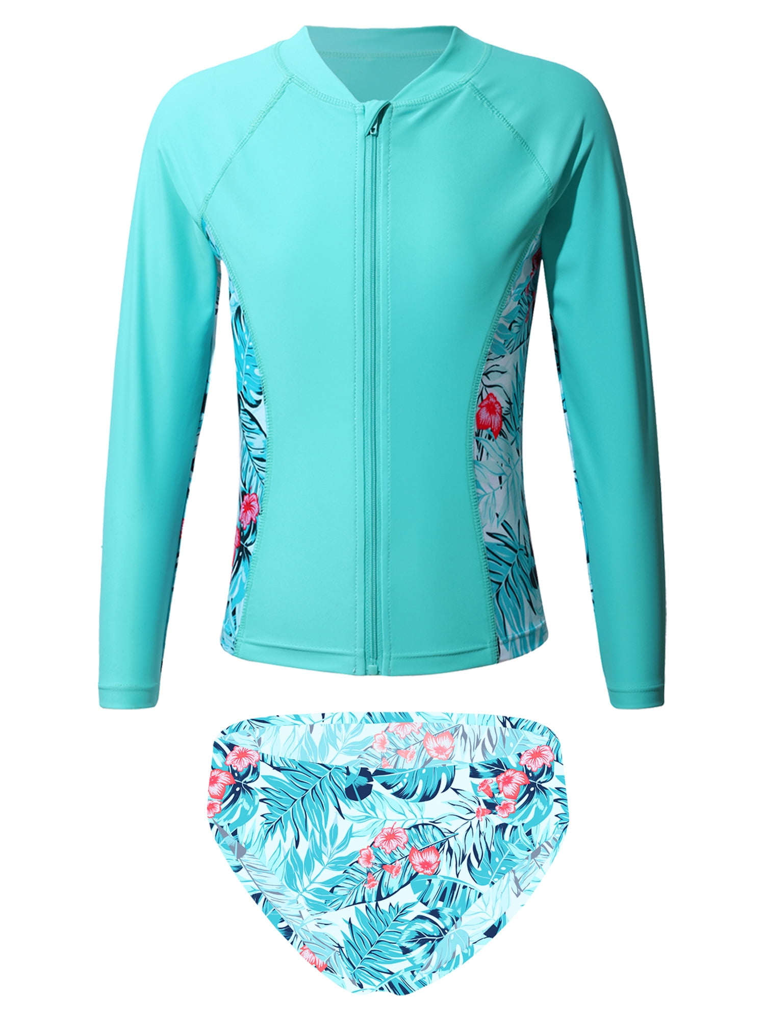 TiaoBug Kids Girls Rash Guard Swimsuit Sets Printed Long Sleeve Zipper ...