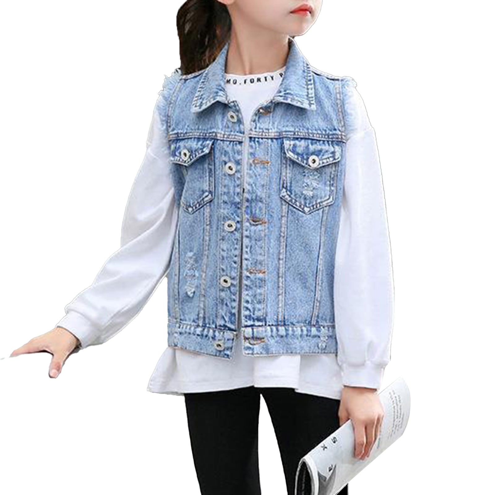 TiaoBug Kids Girls Ripped Denim Vest Button-Down Denim Jacket Top ...