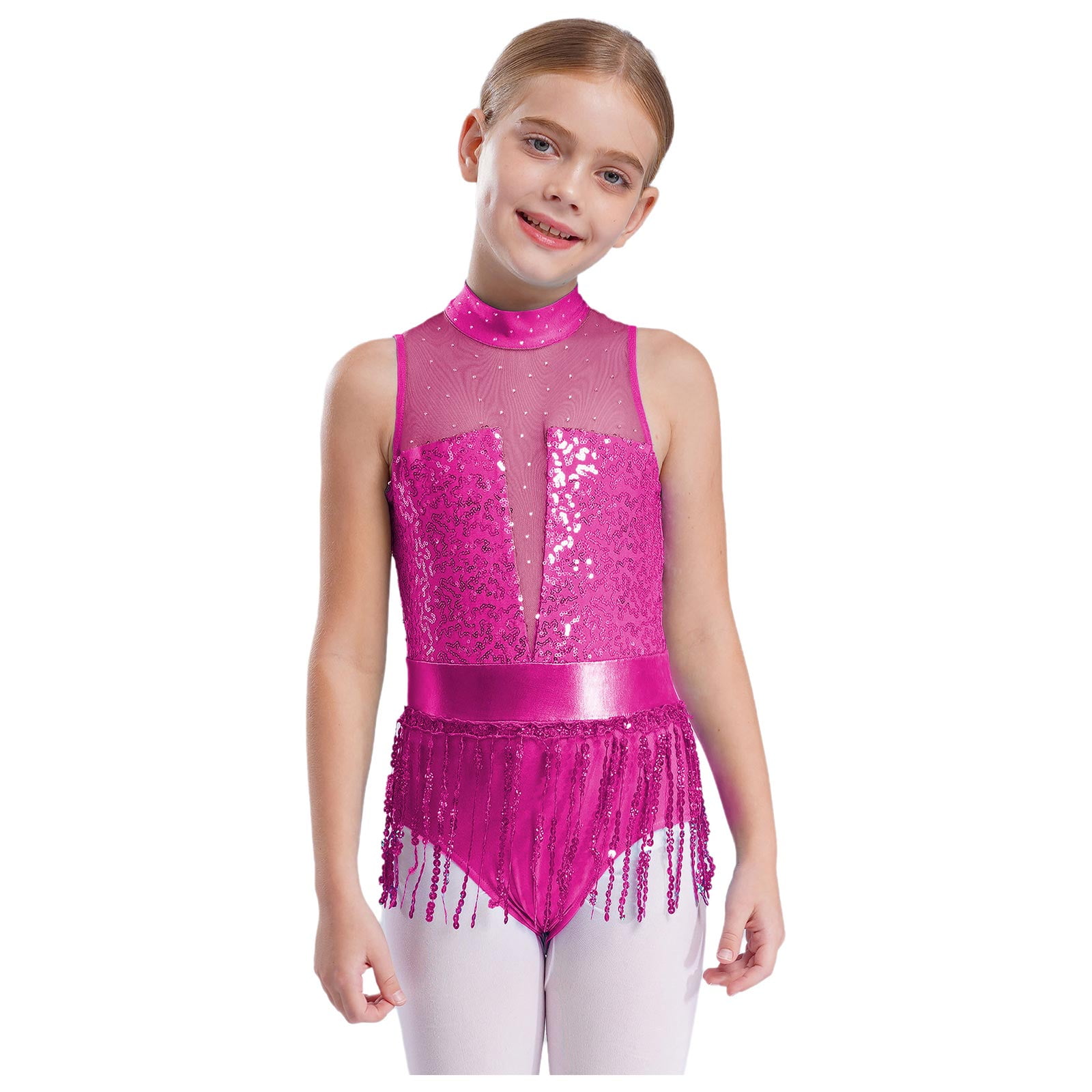 TiaoBug Kids Girls Sequin Tassel Jazz Latin Dance Leotard Sleeveless ...