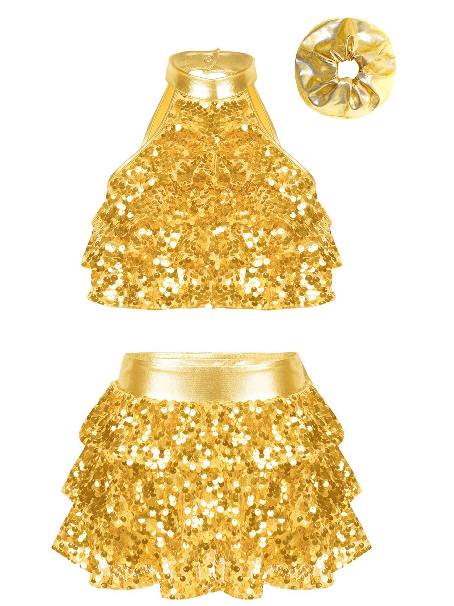 TiaoBug Kids Girls Sequins Sleeveless Crop Top with Ruffle Tutu Skirt ...