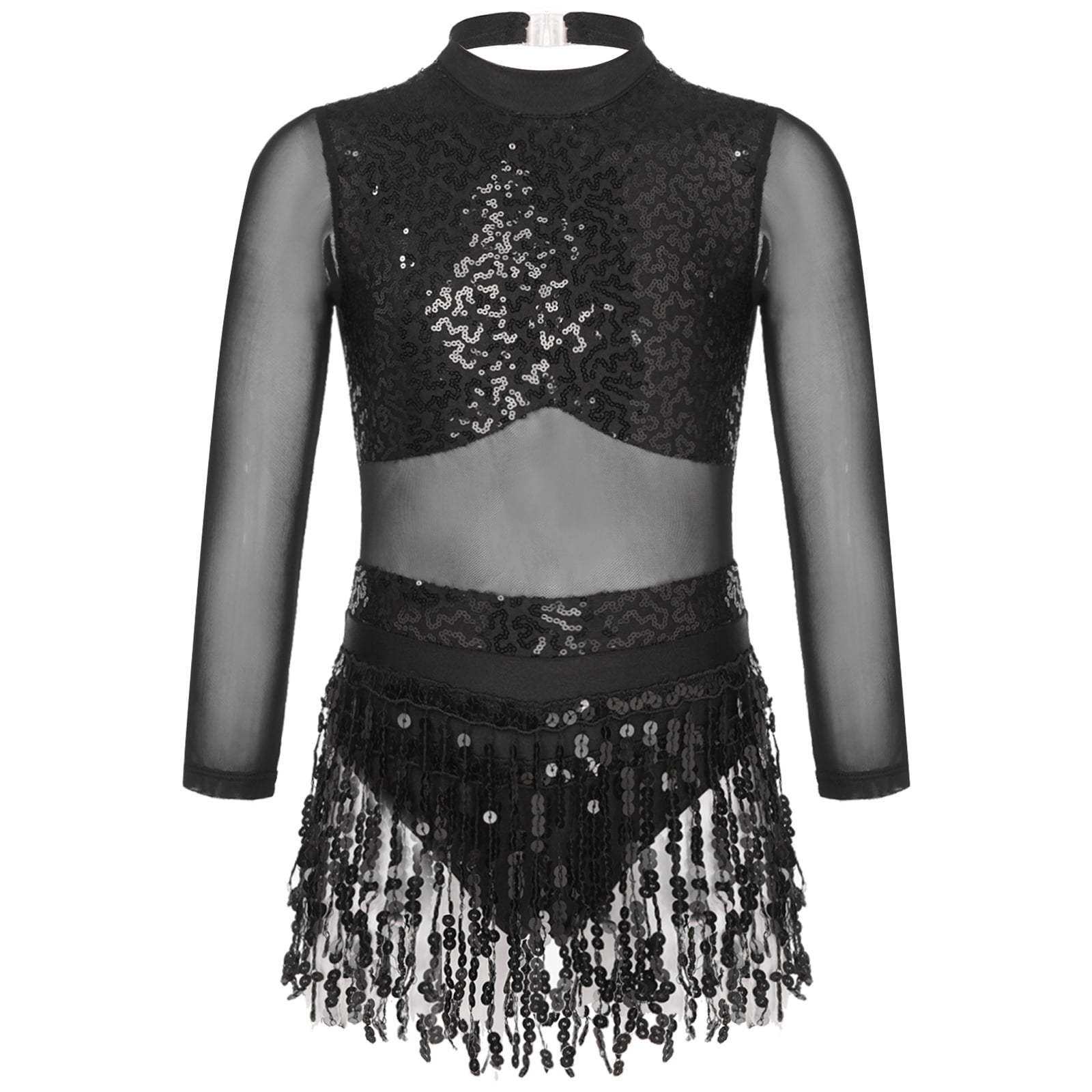 TiaoBug Kids Girls Sequins Latin Dance Leotard Tassel Dress Long Sleeve ...