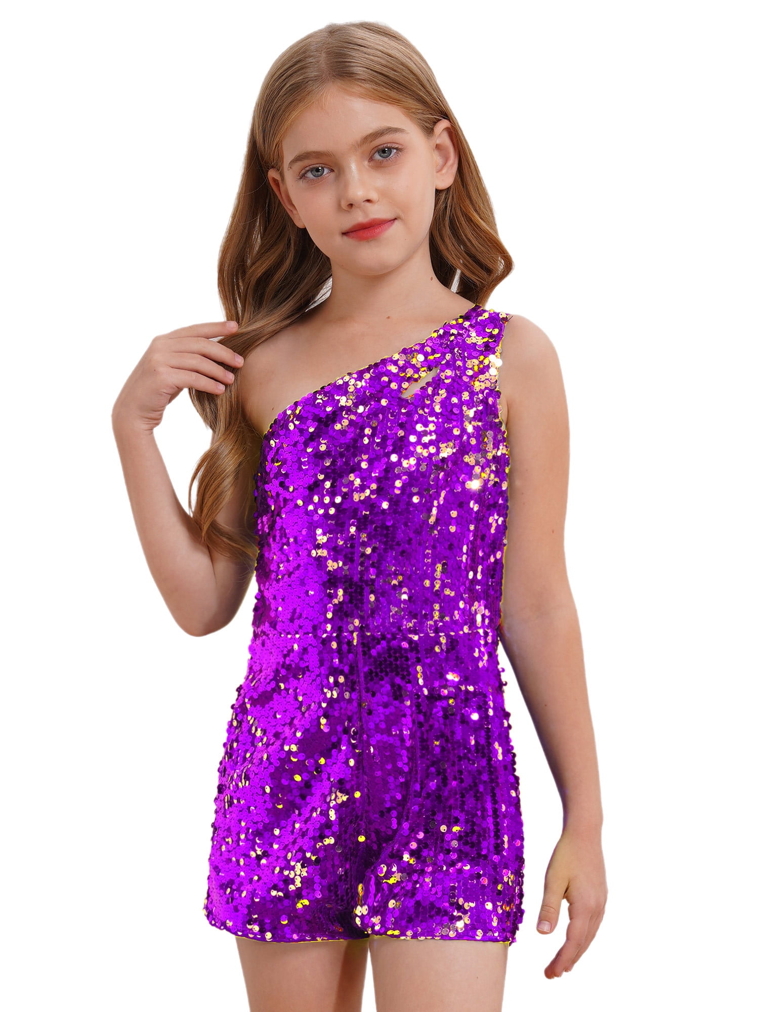 TiaoBug Kids Girls Shiny Sequin Bodysuit One Shoulders Sleeveless Dance ...