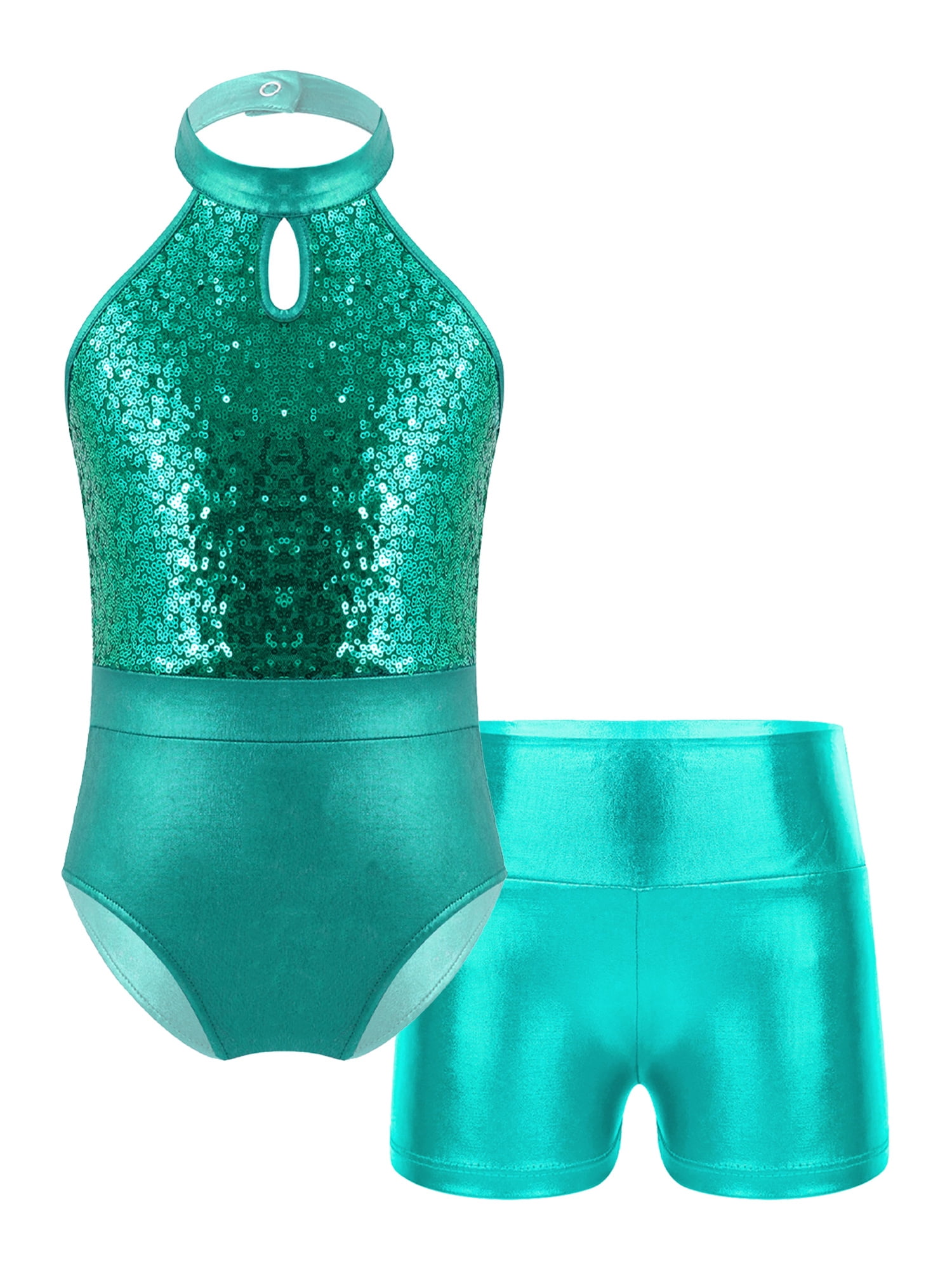 TiaoBug Kids Girls Shiny Sequins Dance Costume Halter Neck Leotard ...